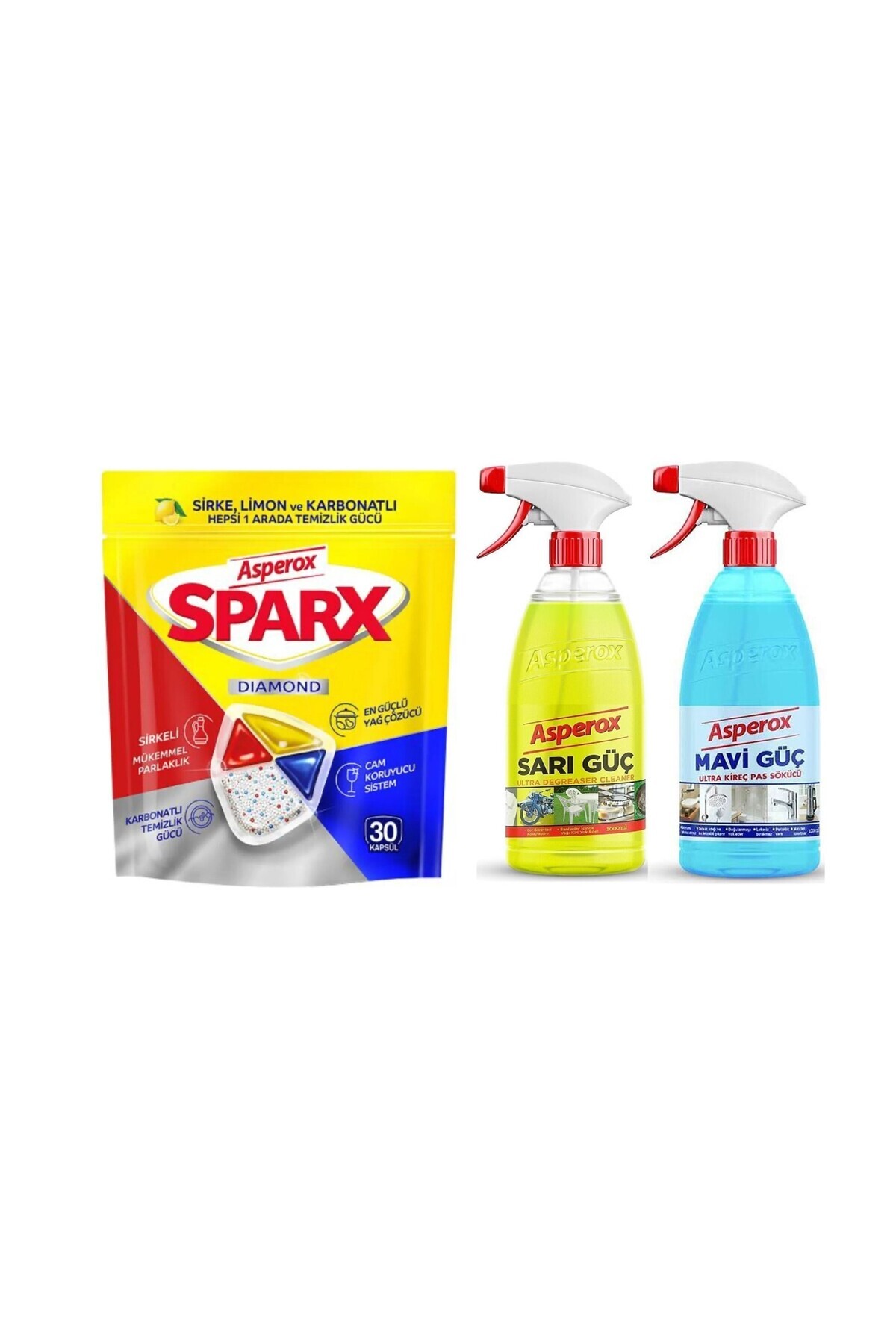 ASPEROX 3'lü Set-(Bulaşık makinesi tableti 30 Kapsül +mavi güç 1000 ml ...