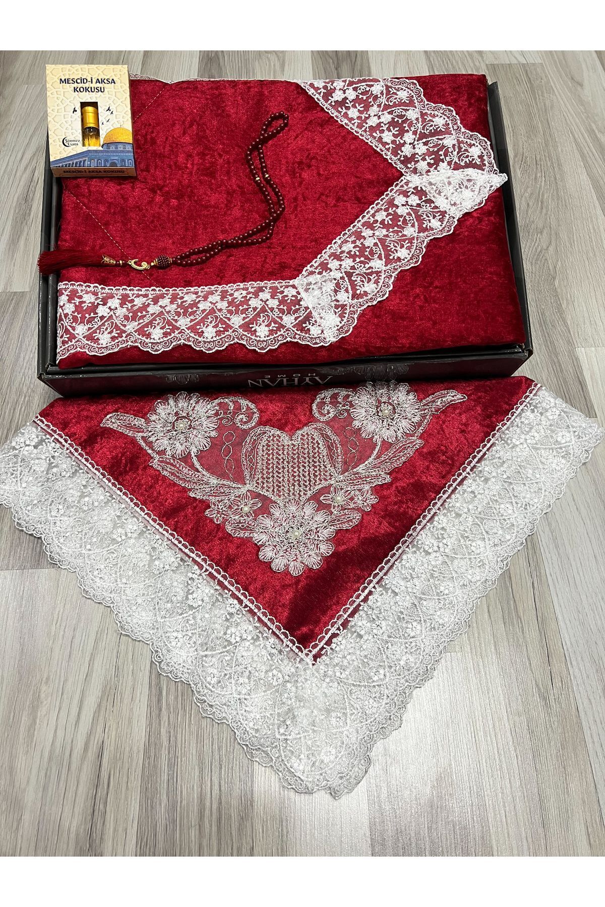 AYHANHOME 5 Parça Seccade Takımı Çeyizlik Bohça Kutulu Kadife Güpürlü ...