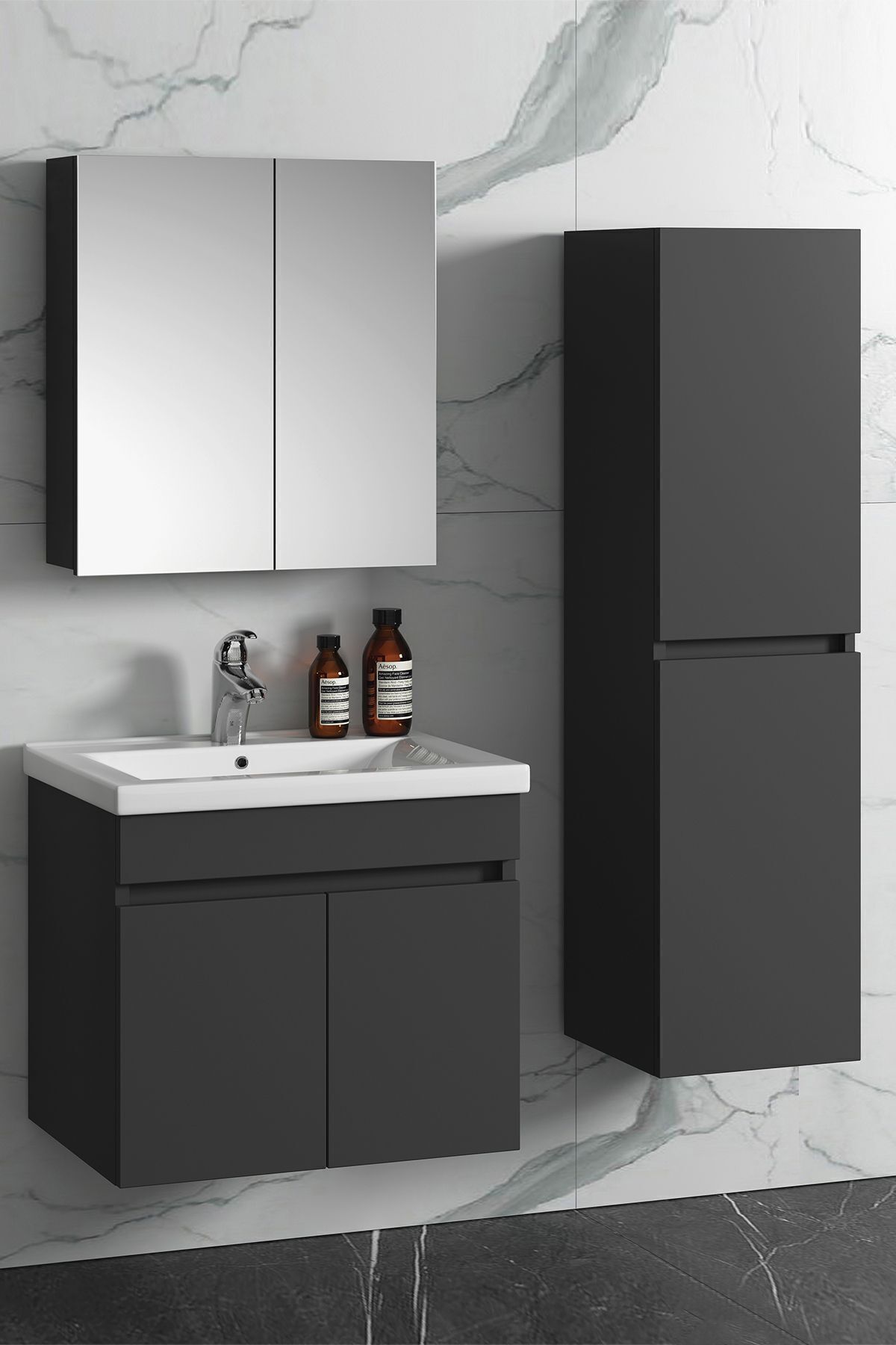 ÖZCEDEN 65 35 Cm Antrasit Gri Mat Mdf Seramik Lavabolu Asma Banyo ...