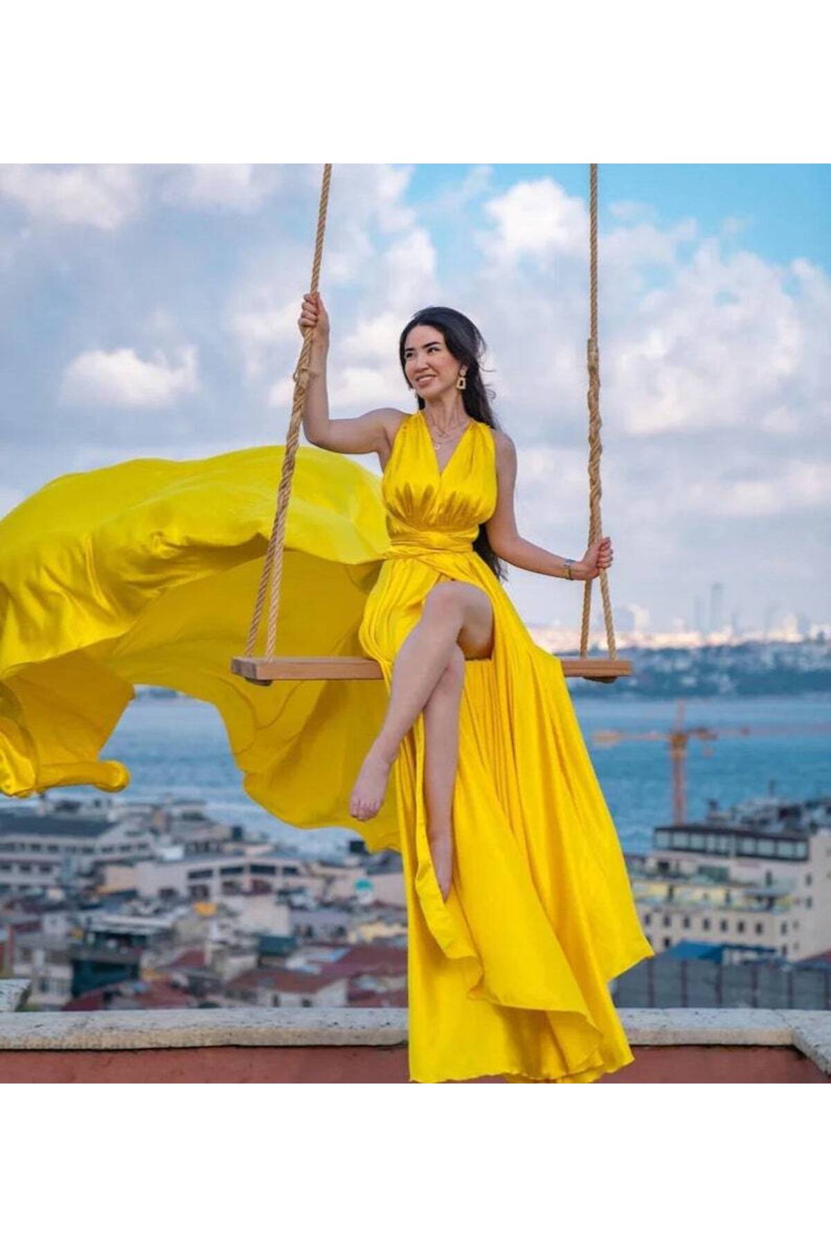 NALINCI Uzun Uçan Elbise Dökümlü Elbise Saten Santorini Uçan Elbise ...