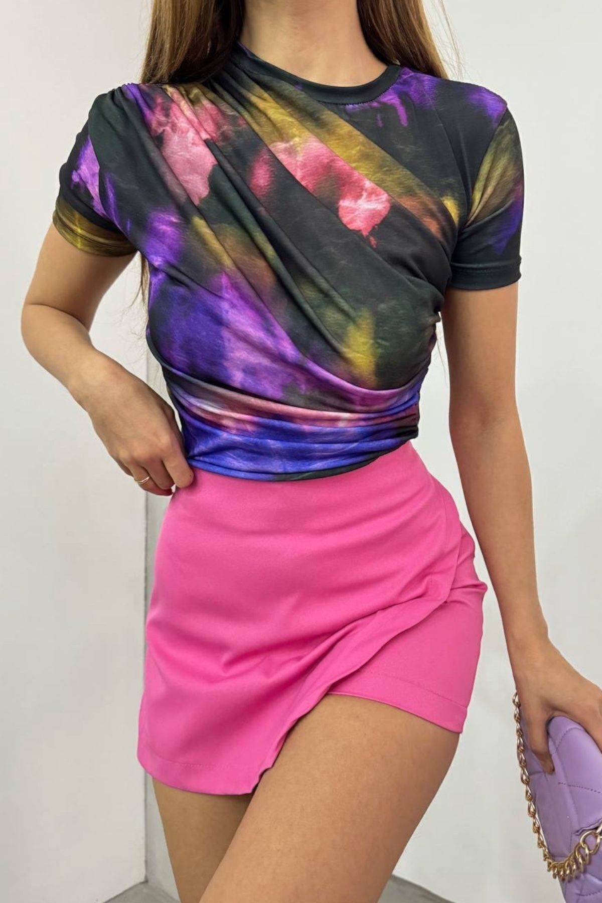 kozzy Kadın Batik Desenli Büzgülü Esnek Sandy Kısa Kol Yazlık Bluz ...