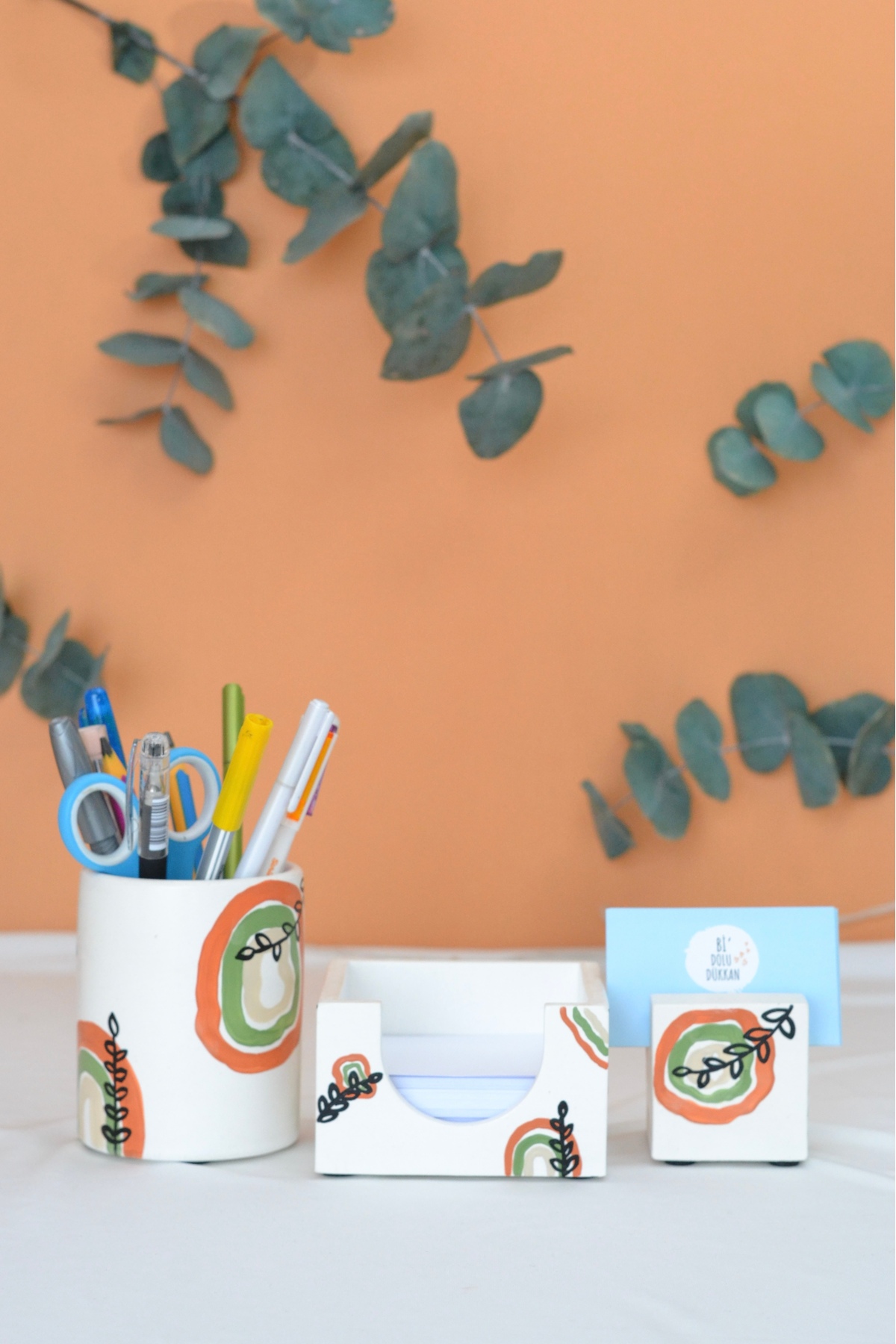 Bİ DOLU DÜKKAN Boho Üçlü Ofis Seti | Yuvarlak Kalemlik Bloknotluk ve ...