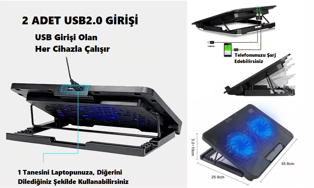 Revenge N99 Çift Fanlı Laptop Soğutucu Led Işıklı Ayarlanabilir Dizüstü ...