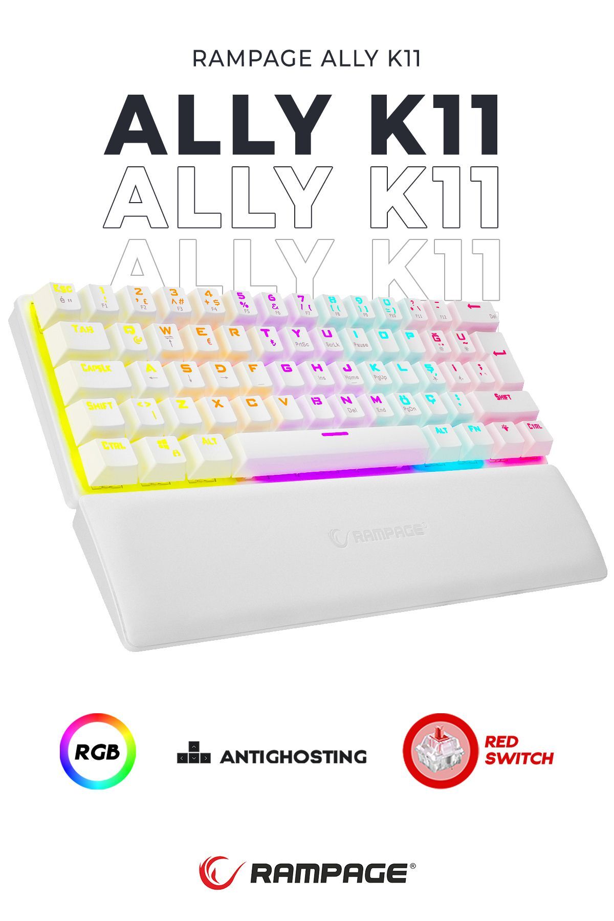 Rampage X K11 Beyaz 12 Işık Modlu Red Switch Mekanik Antighosting Bilek ...