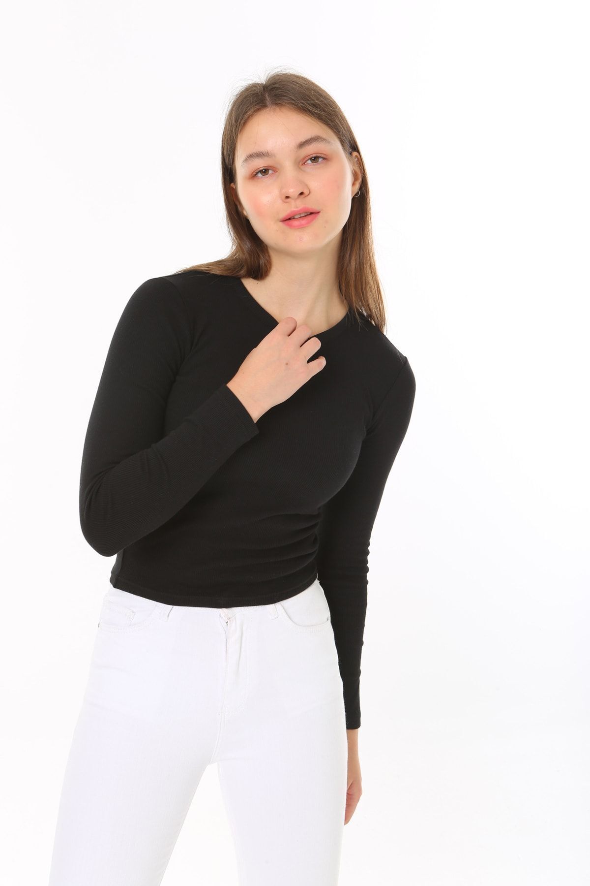 ART 1988 TEXTİLE Kadın Siyah Uzun Kollu T-shirt Bluz Kaşkorse Fitilli ...