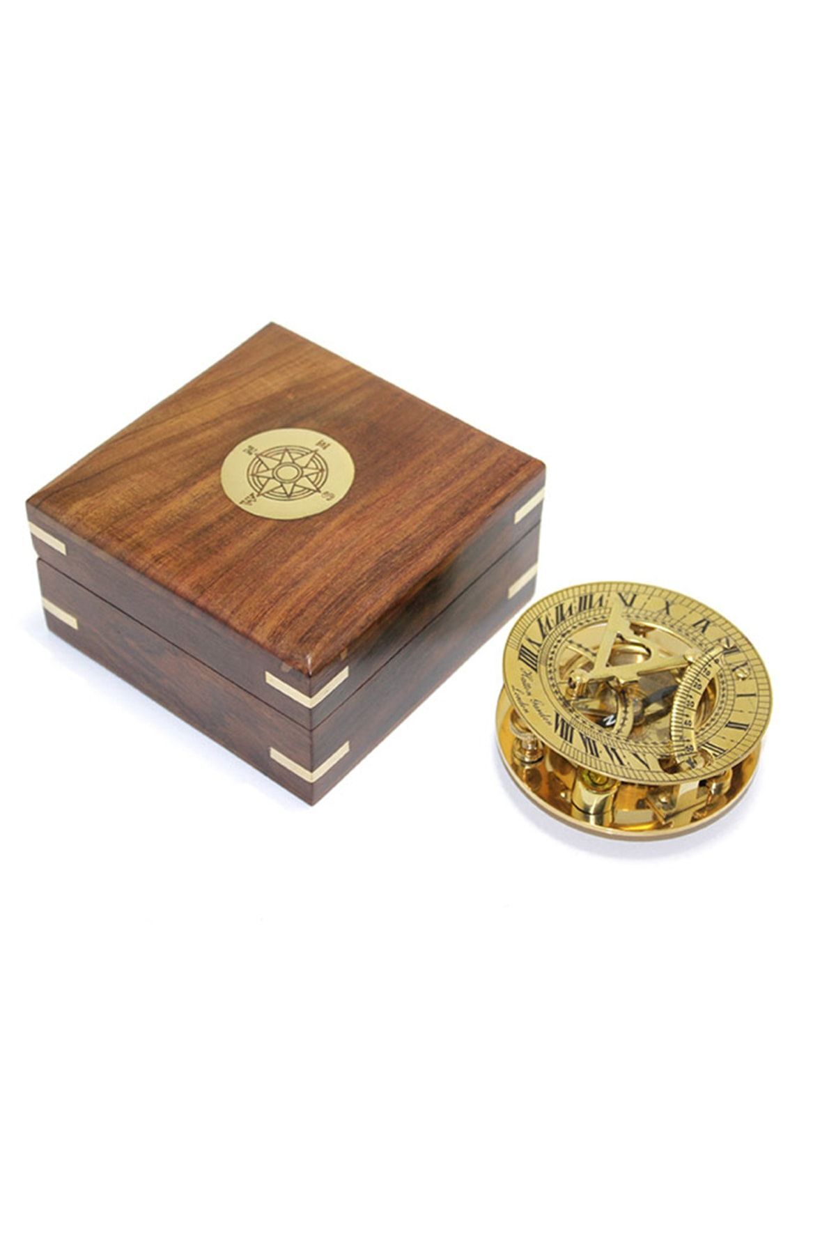 Hediye Sahibi Brass Sun Clock and Compass Model with Wooden Box- Trendyol