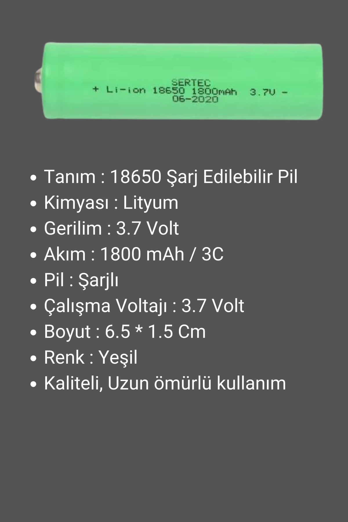 L'eDoren 18650 Li-ion 3.7 V 1800 mAh Şarj Edilebilir Pil Sertec - 1 ...