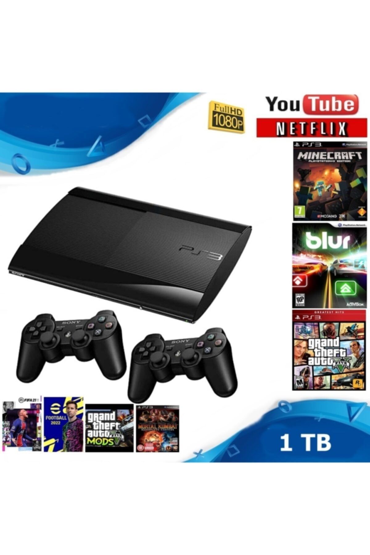 Sony Ps3 Playstation 3 1tb Slim Konsol 250 Oyun 2kol