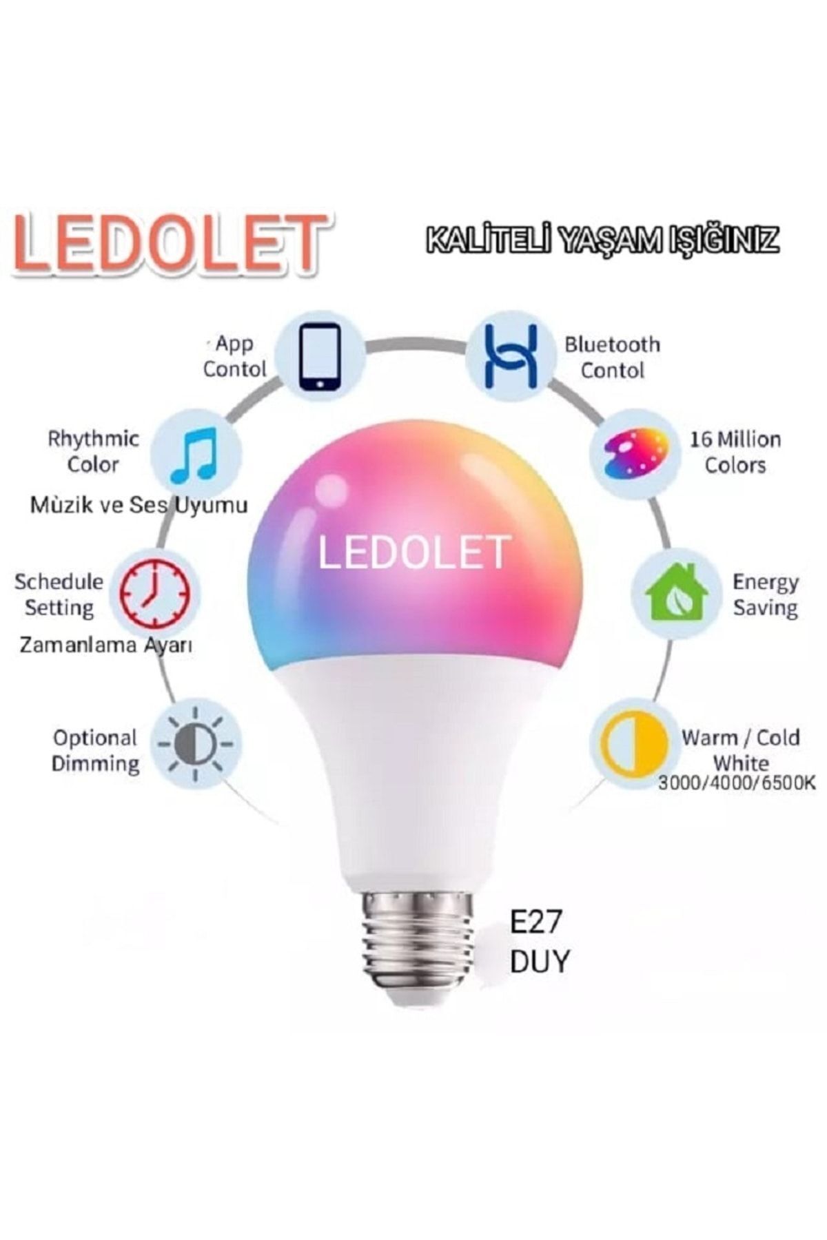 LEDOLET 9w Led Ampul Rgb+cct Beacon Bluetooth Yeni Nesil Müzik Ritim ...