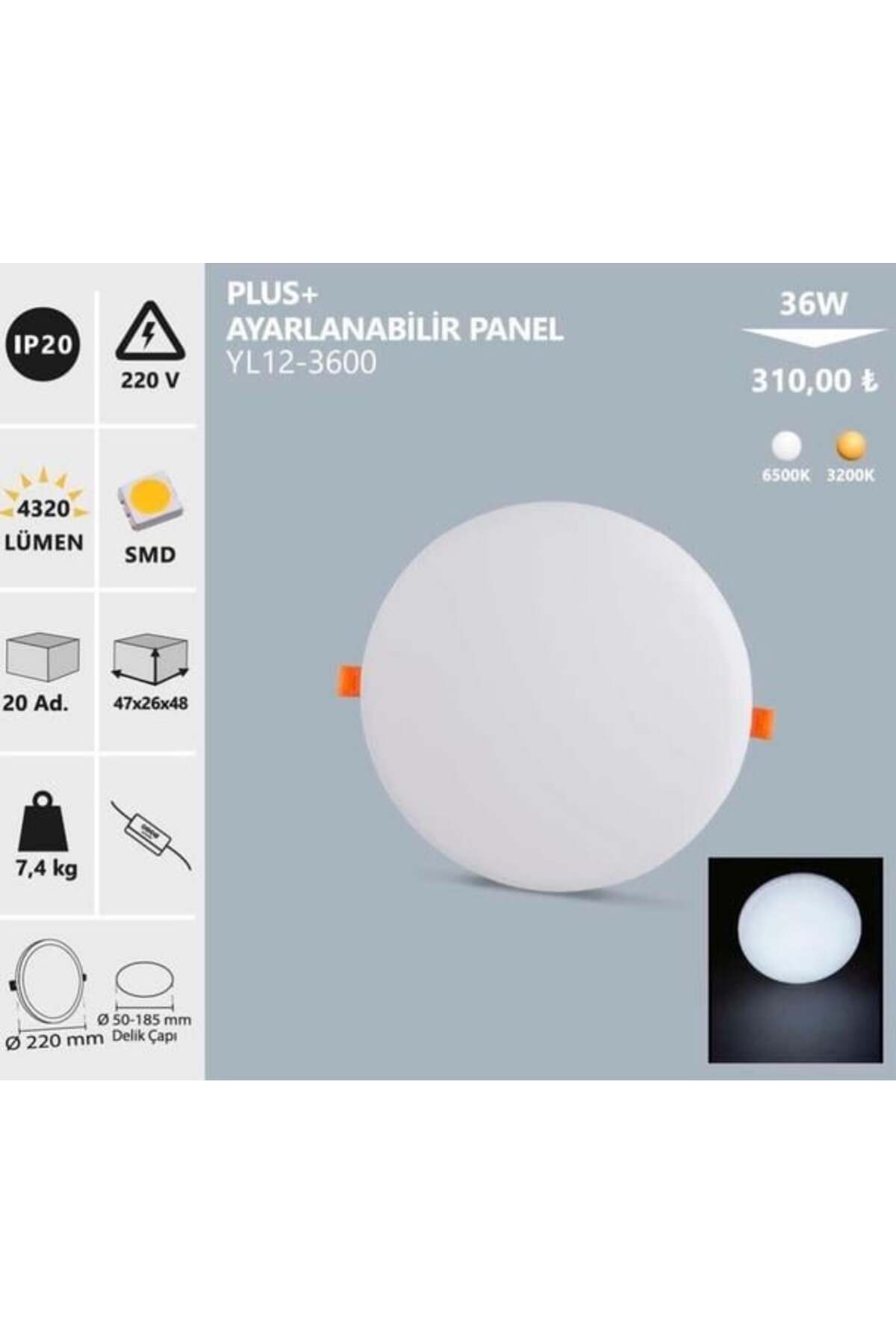 ALLES 36 W SIVA ALTI PLUS AYARLANABİLİR LED PANEL GÜNIŞIĞI YL12-3601 ...