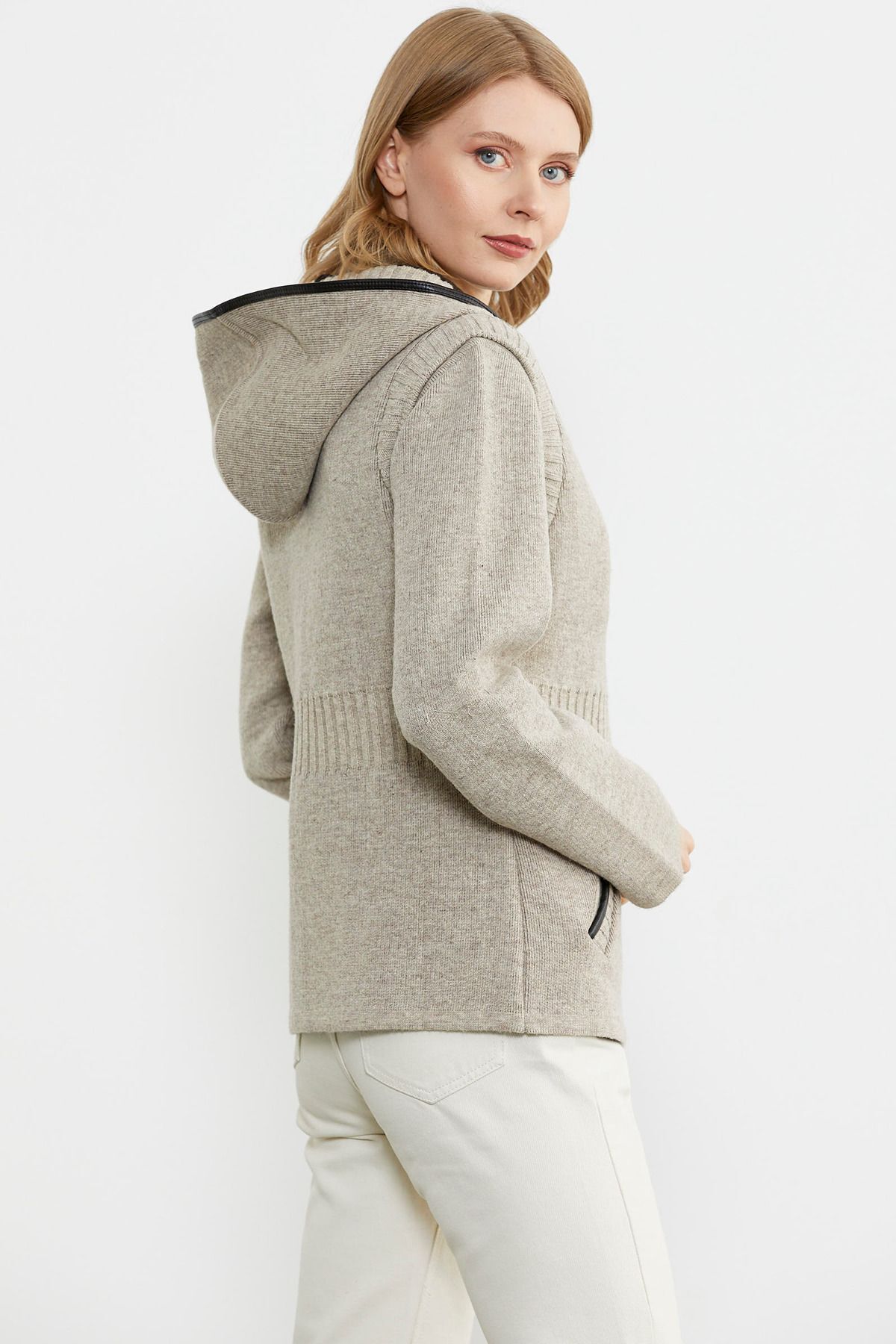 Sementa Deri Biyeli Yünlü Kalın Triko Ceket - Vizon - Kahverengi Fiyatı ...