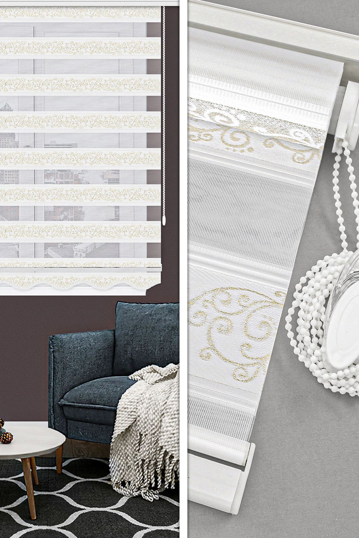 Kozastor Jakarlı Zebra Perde Beyaz Altın Simli 4050 V02 Eko Seri Fiyatı ...