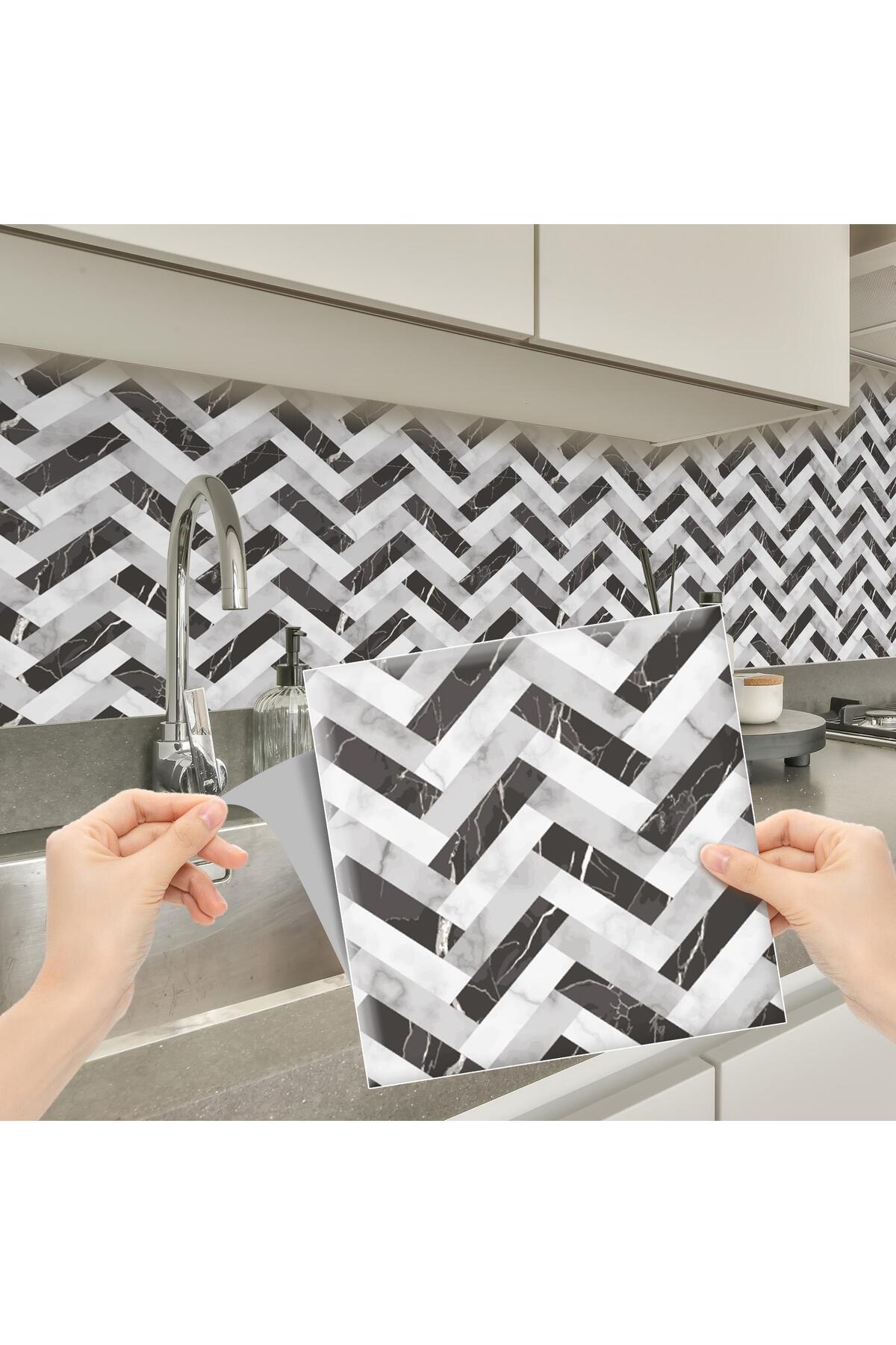 Boss Tape Kendinden Yapışkanlı Yüzey Fayans Kaplama Siyah Beyaz Parke 006 Desenli Pvc Karo ...