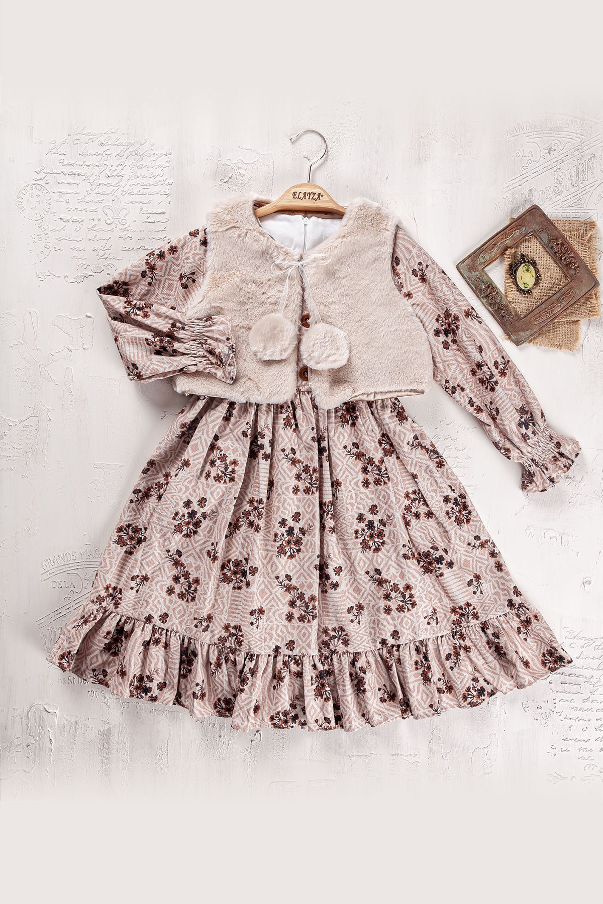 Elayza KIZ ÇOCUKLARI İÇİN KÜRK YELEKLİ ÇİÇEK BASKILI KIŞLIK ELBİSE ...