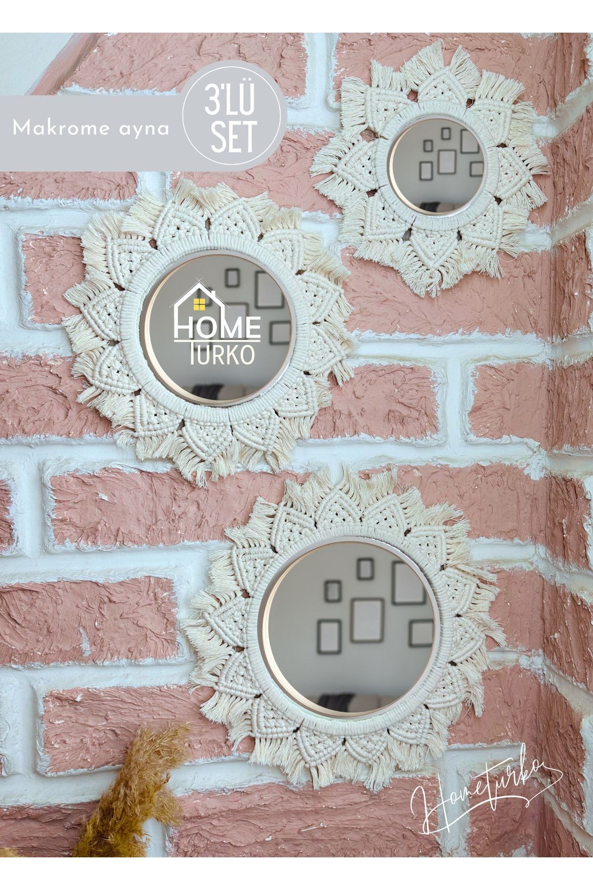HomeTurko Dekoratif, Iskandinav 3-lü Aynalı Duvar Süsü, Makrome Ayna Seti, Ev, Duvar, Dekoru ...