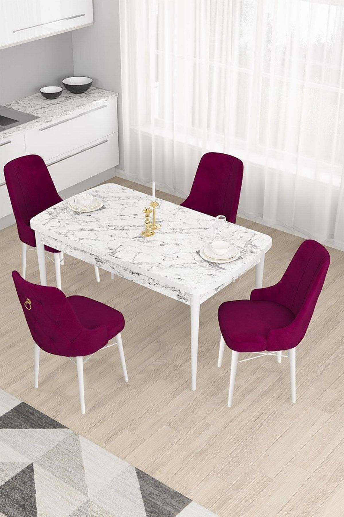 Canisa Taç Serisi, 80x132 Açılabilir Beyaz Mermer Desen Yemek Masası ...