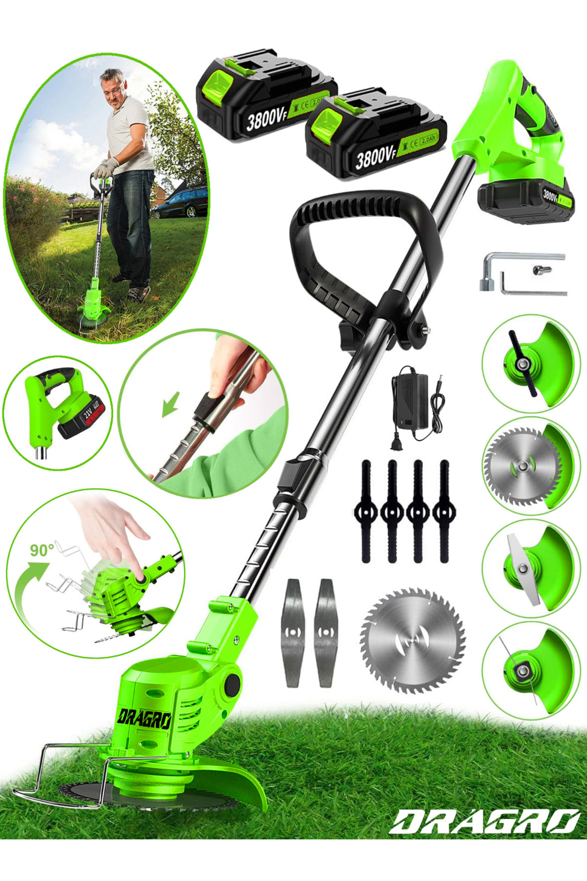 Dragro Alman Eco Pro 2 Akülü 3800 VF 20 AH Ot Çim Çalı Diken Biçme ...