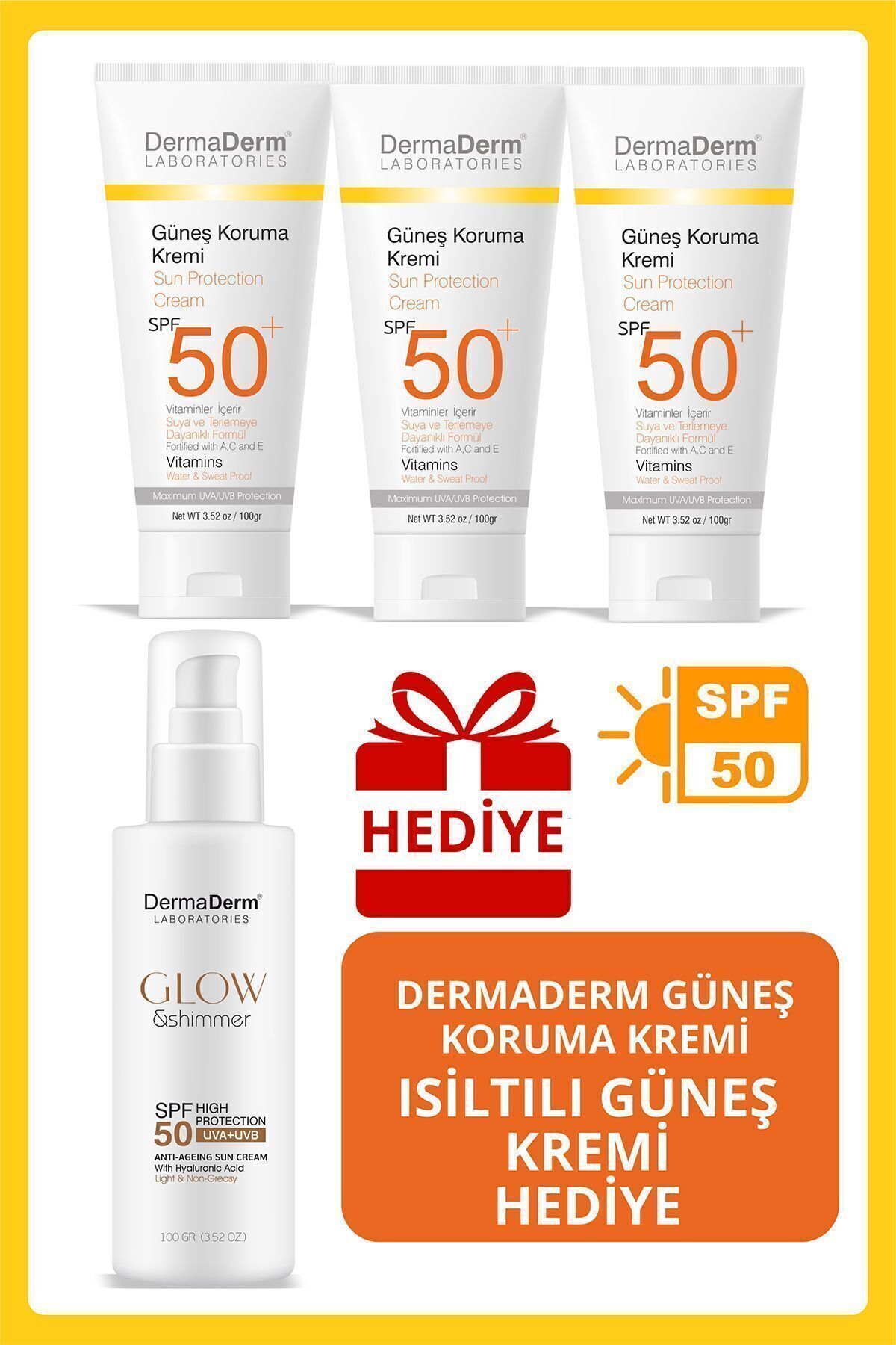 DermaDerm SPF 50+ Güneş Koruma Kremi 3 Adet ve Işıltılı SPF 50+ Güneş ...