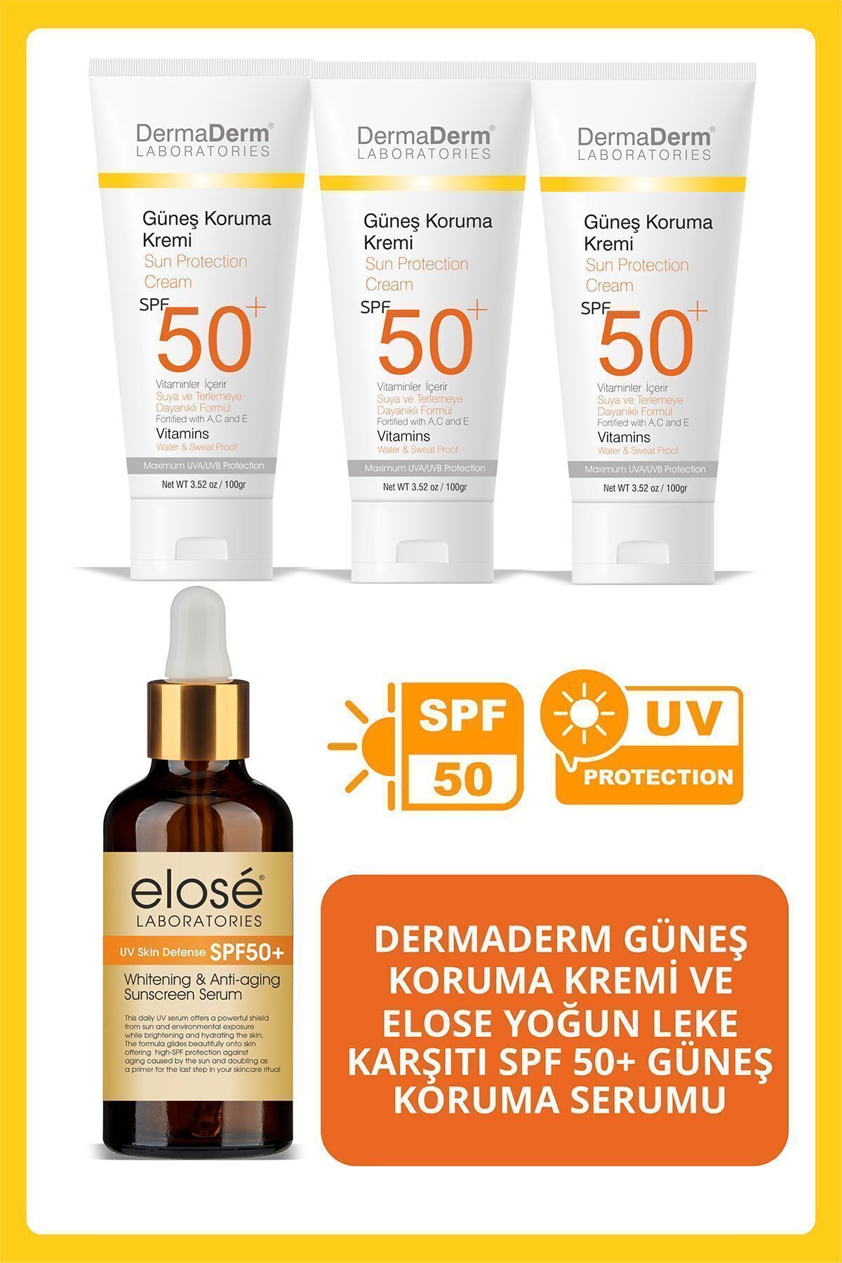 DermaDerm Spf 50 Faktör 100 ml Güneş Koruma Kremi 3 Adet ve Elose Leke ...