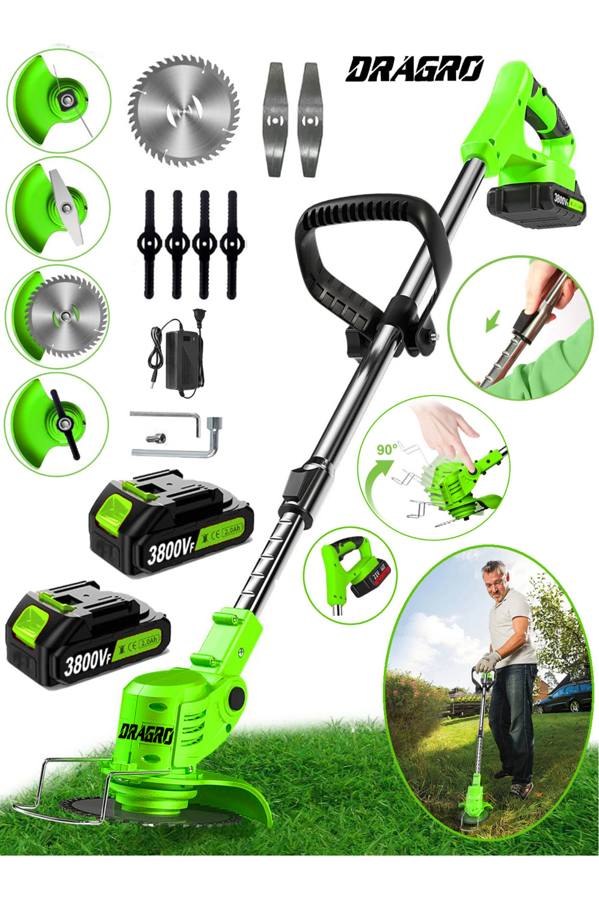 Dragro Alman Eco Pro 2 Akülü 3800 VF 20 AH Ot Çim Çalı Diken Biçme ...
