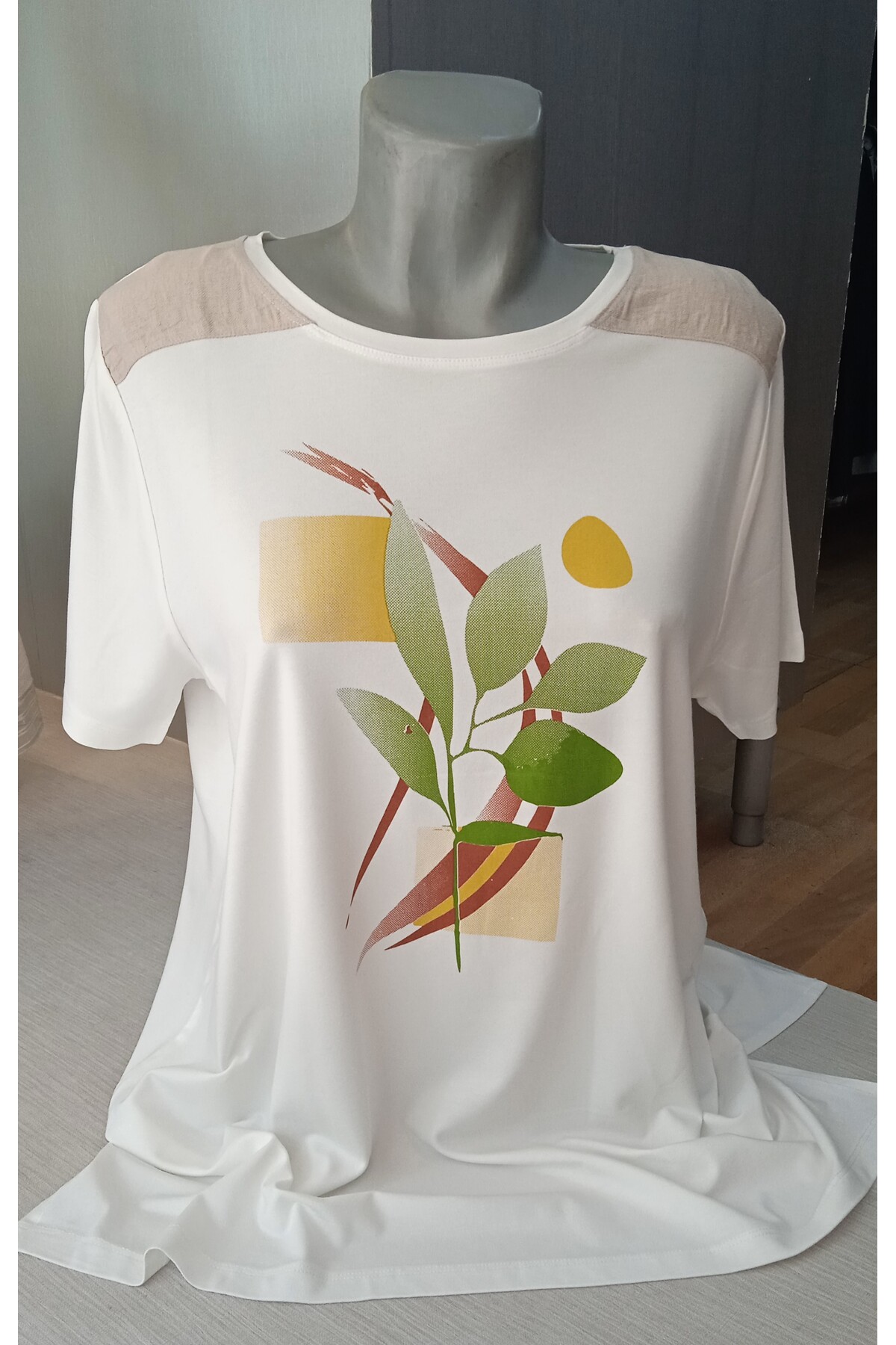 Whip Design WHİP DESİGN Büyük Beden Yaprak Baskılı Bisiklet Yaka Ekru ...