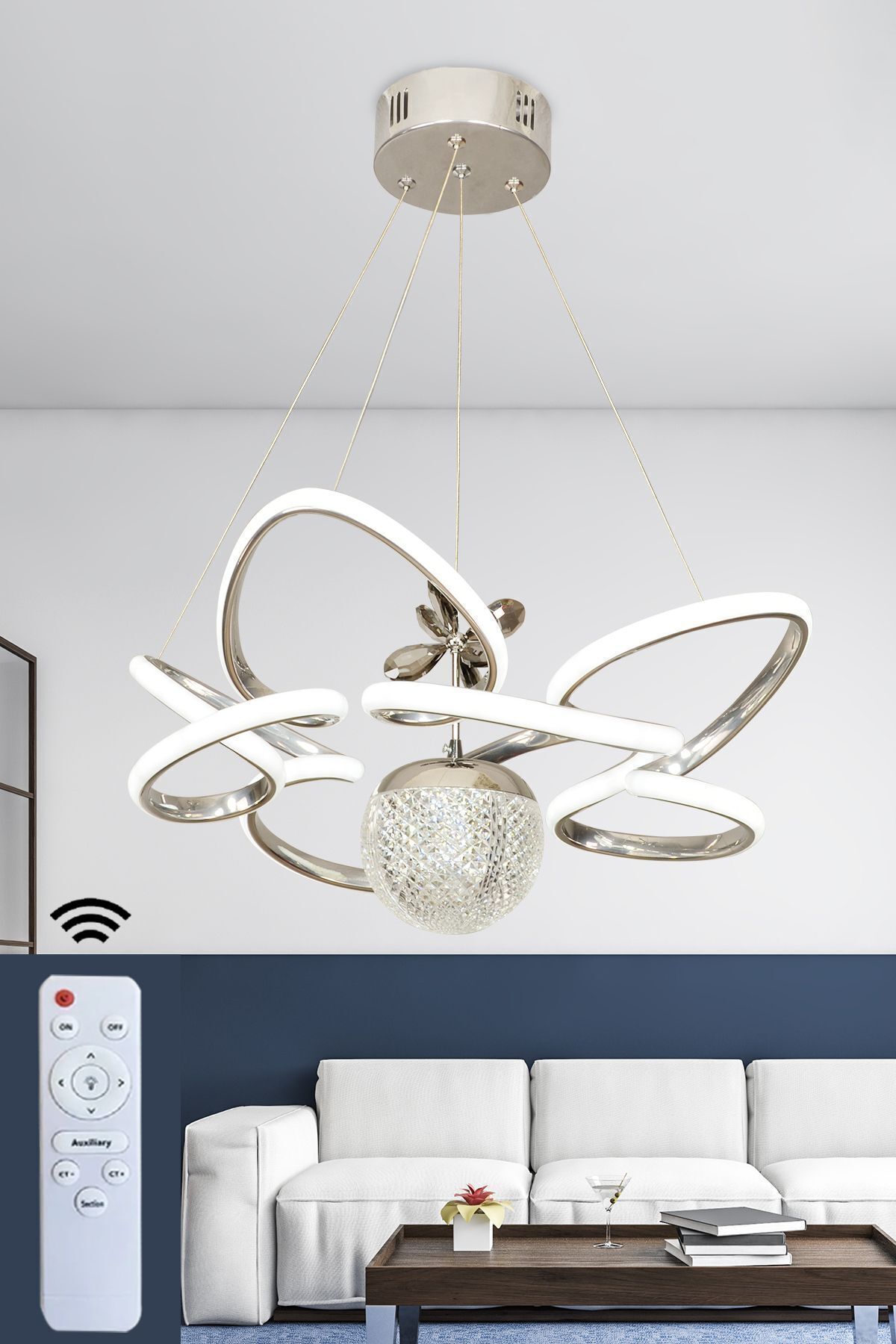 RANSOM Modern 3 Renk Kumandalı Krom Büyük Boy Salon Avize Toplu Led ...