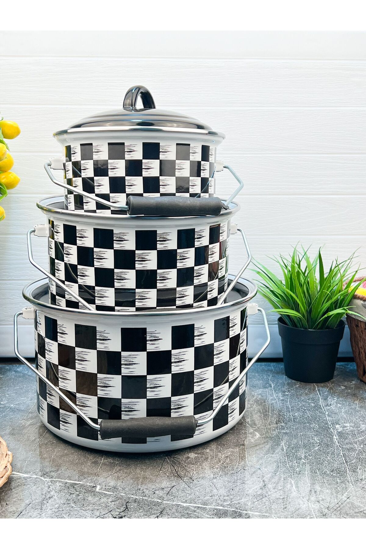 Sezka Life Dama Desenli 3 Boy Kulplu Bakraç Emaye Tencere Takımı ...