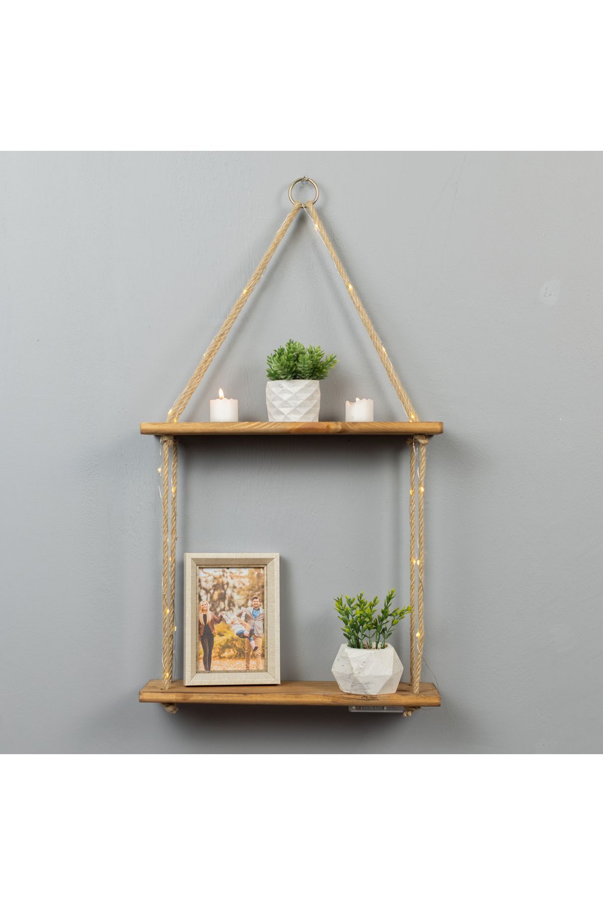 decolife Raf - Ahşap Raf – Duvar Rafı - Jüt Ipli Ledli Ikili Duvar Rafı ...