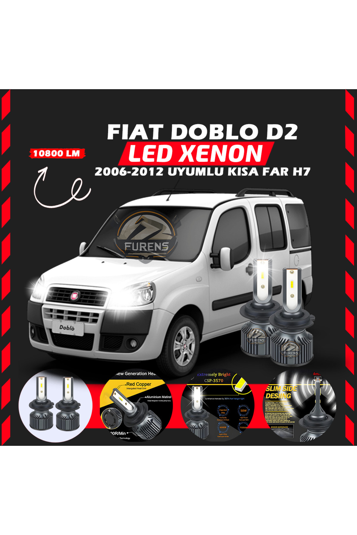 Furens Fiat Doblo D2 2006-2012 Kısa Far Uyumlu Şimşek Etkili Led Xenon ...