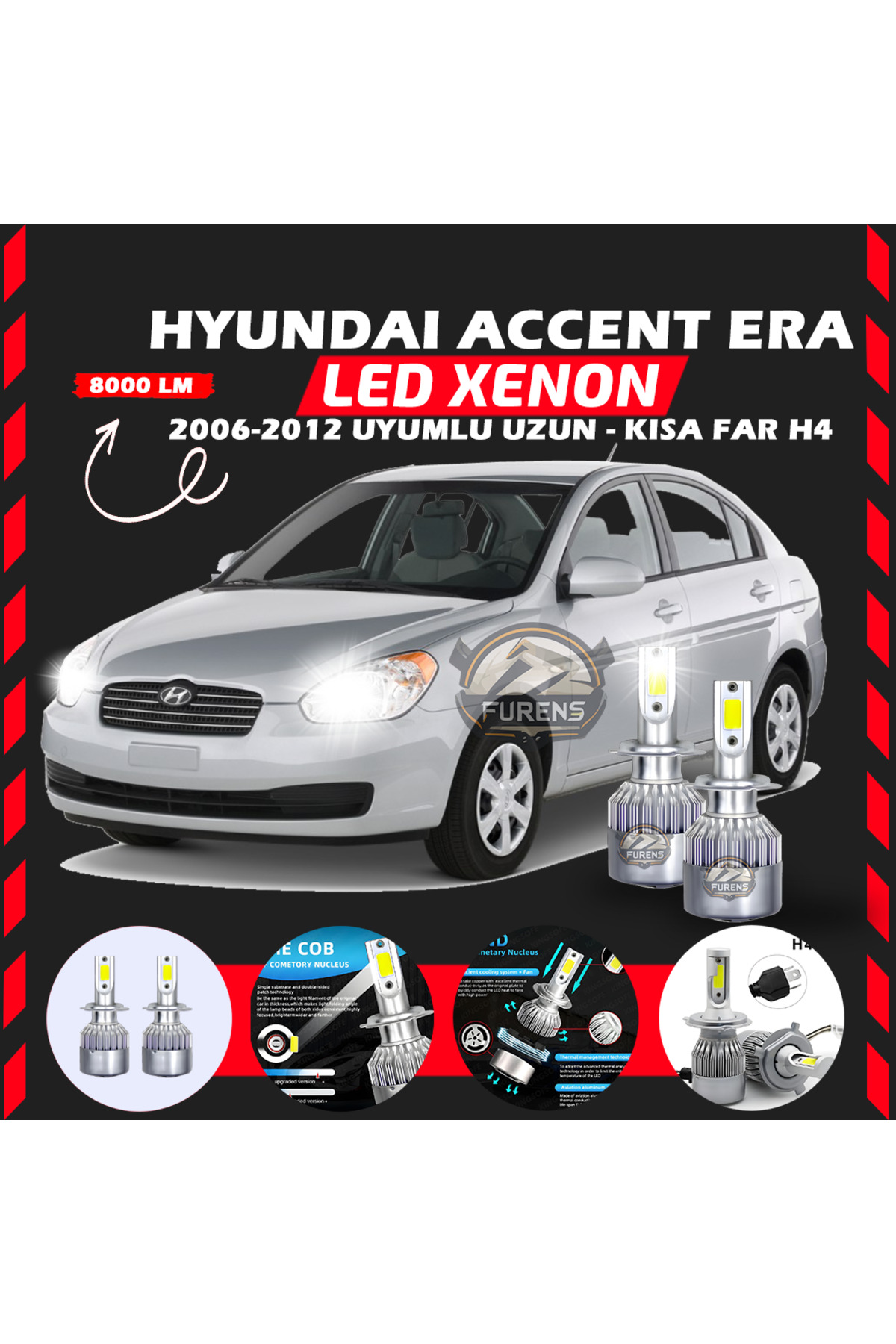 Furens Hyundai Accent Era 2006-2012 Uzun-Kısa Far Uyumlu Şimşek Etkili Led Xenon Performance ...