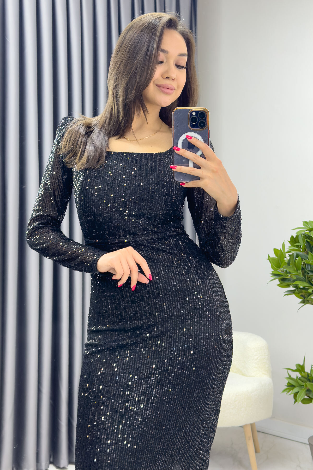 Elbise Delisi Kadın Kare Yaka Pul Payet Abiye Elbise Zümrüt Yeşili ...