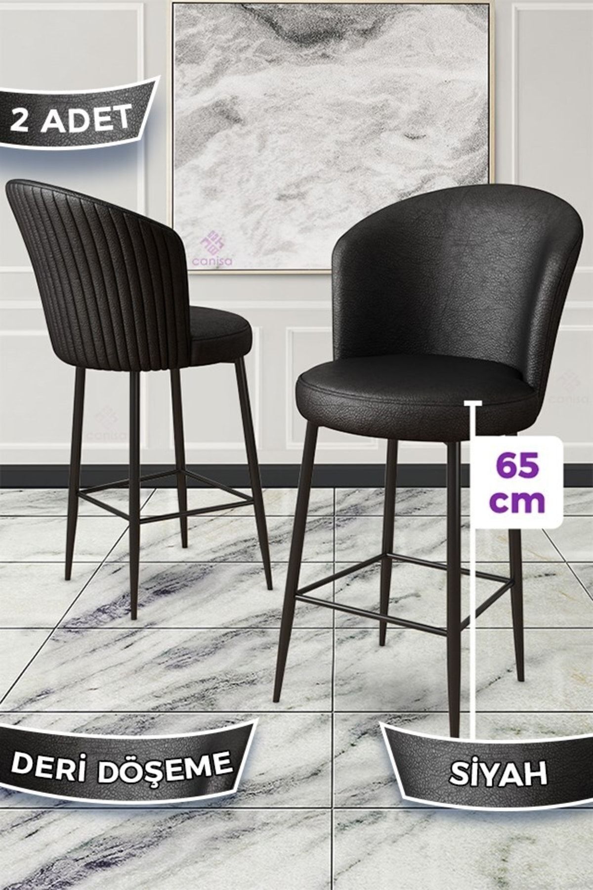 Canisa Rika Serisi 2 Adet Siyah 65 Cm Deri Bar Sandalyesi Siyah Metal Ayaklı Ada Mutfak Bar ...