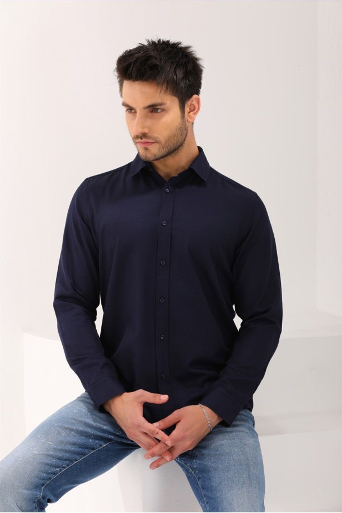 Catto Peak Lacivert Gabardin Teri Emen Nefes Alan Regular Erkek Gömlek ...