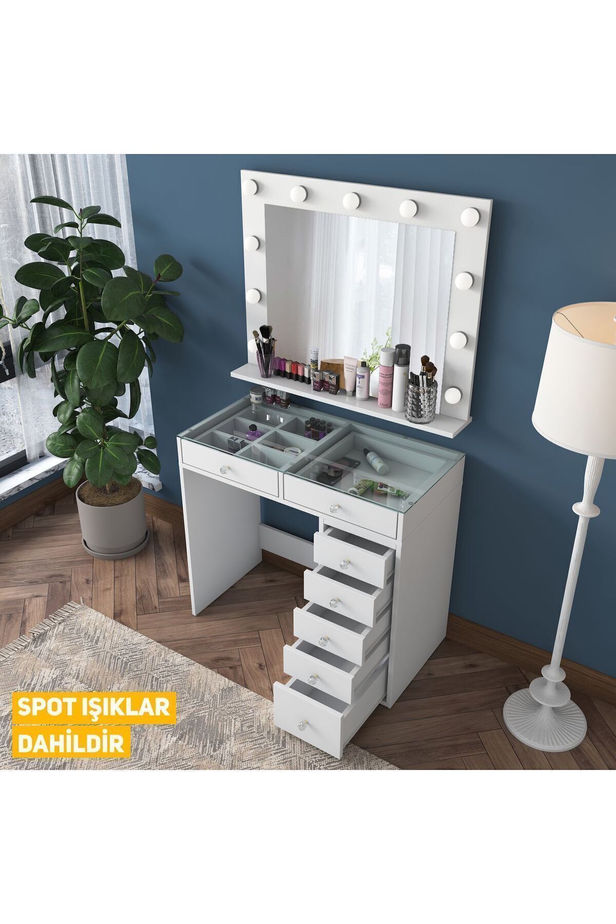 Rani Mobilya Rani Bj117 Hollywood Işıklı Aynalı Kulis Makyaj Masası Cam ...