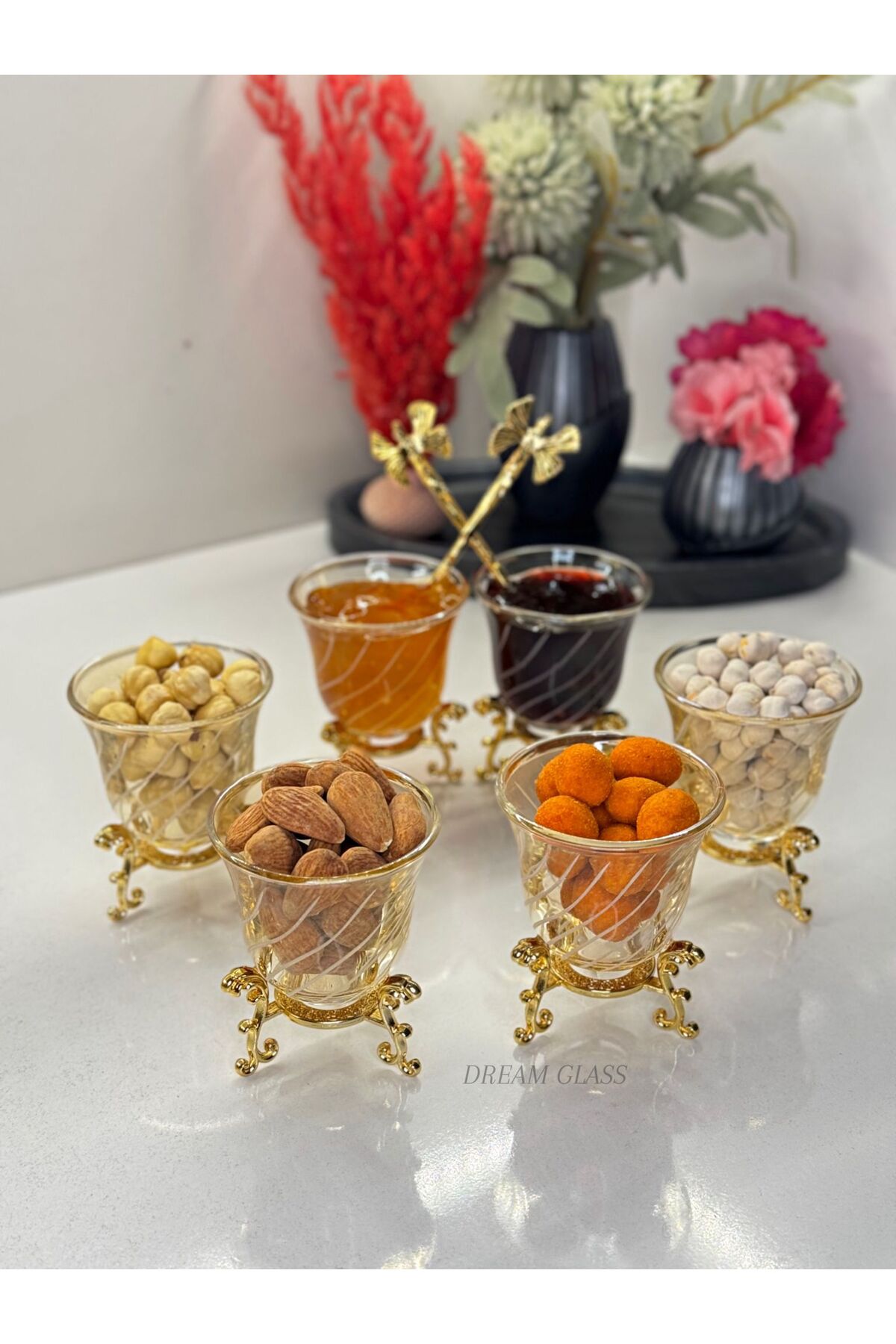 Dream glass 6 KİŞİLİK GOLD AYAKLI ÇİZGİ DESENLİ LOKUMLUK & REÇELLİK ...