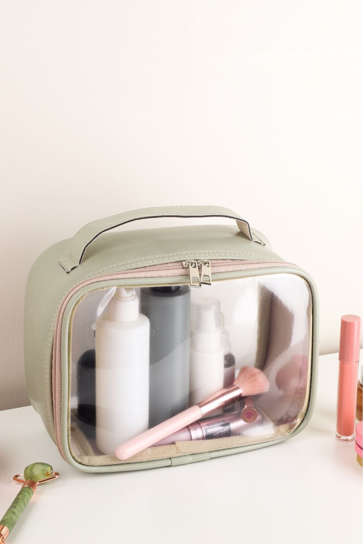 Arnee Yeşil Şeffaf Deri Makyaj Çantası Kozmetik Makyaj Bavul Seti ...