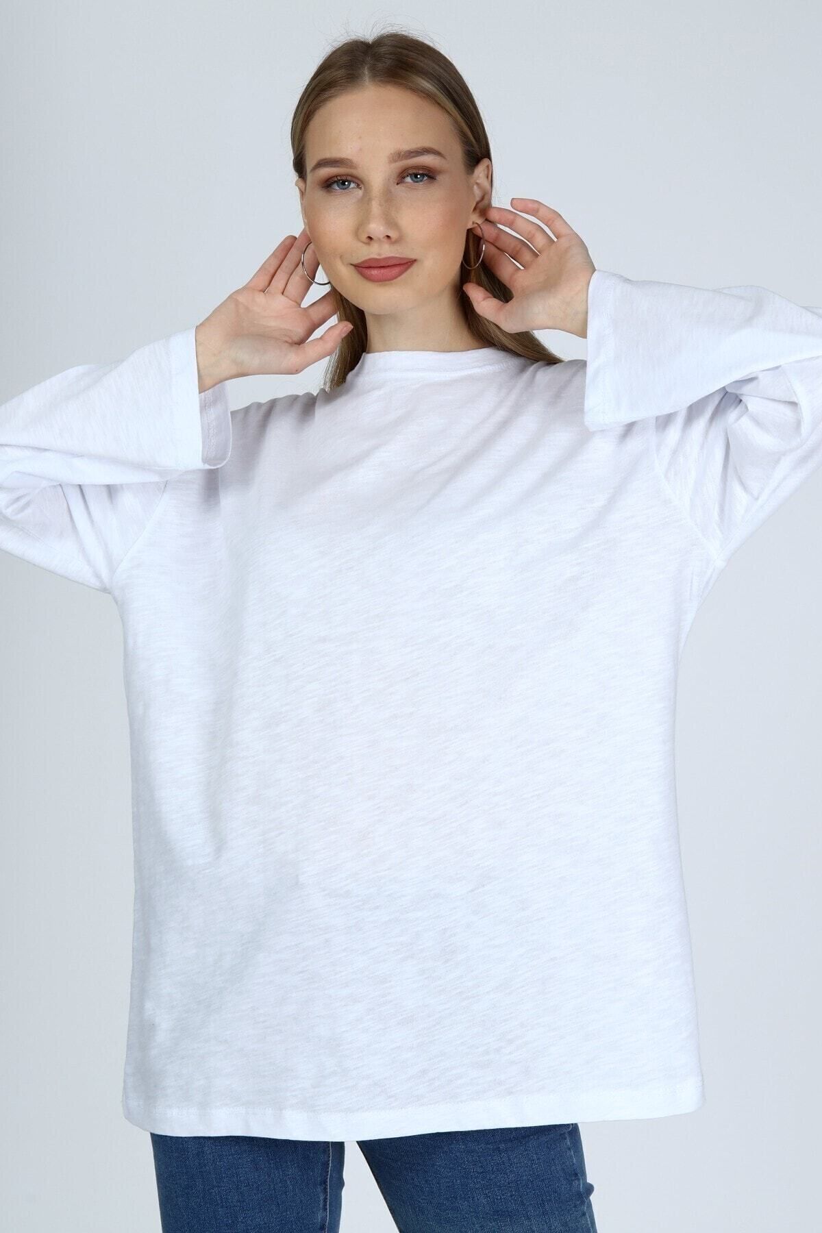 BASICA Plume Kadın Flamlı Beyaz Uzun Kollu Bisiklet Yaka Basic Oversize T-shirt - Fiyatı, Yorumları