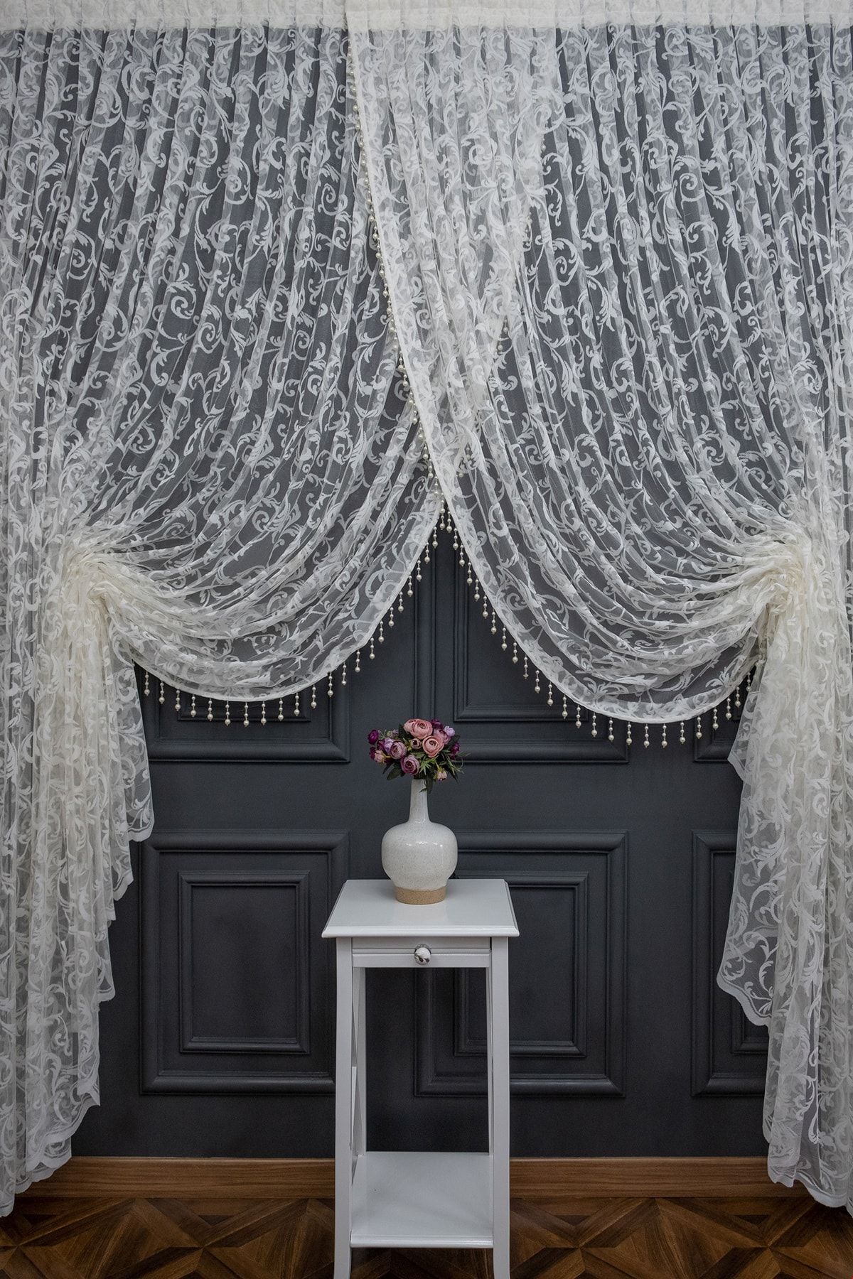 farbateks Beyaz Şal Tasarım Boncuklu Kruvaze Perde Yanki Tül Tiyatro ...