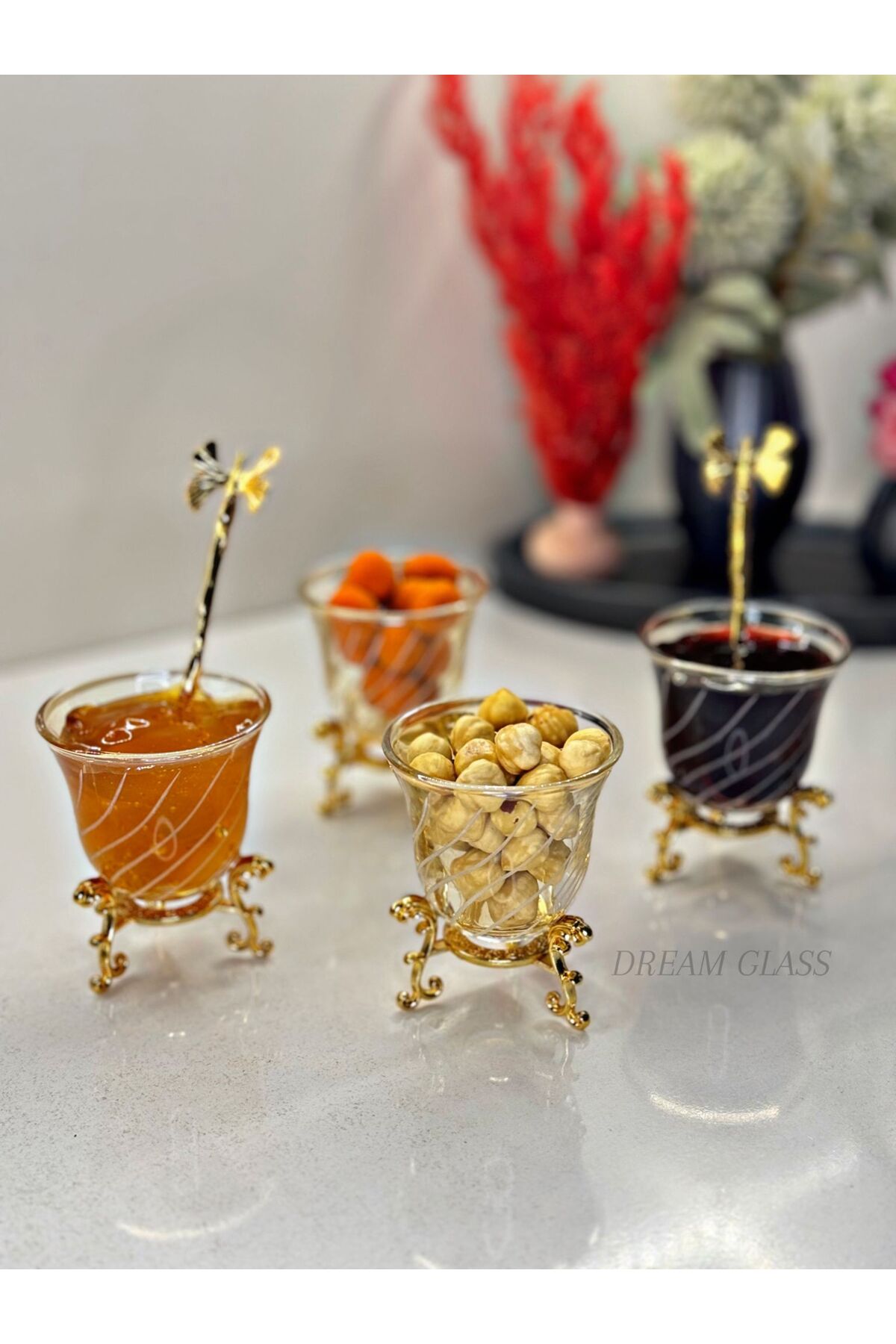 Dream glass 6 KİŞİLİK GOLD AYAKLI ÇİZGİ DESENLİ LOKUMLUK & REÇELLİK ...