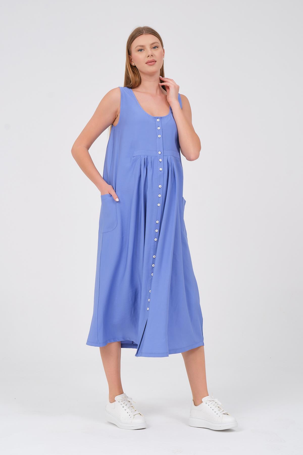 BUSA Hamile Sıfır Kol Önden Düğmeli Yandan Cepli Midi Boy Elbise Mor ...