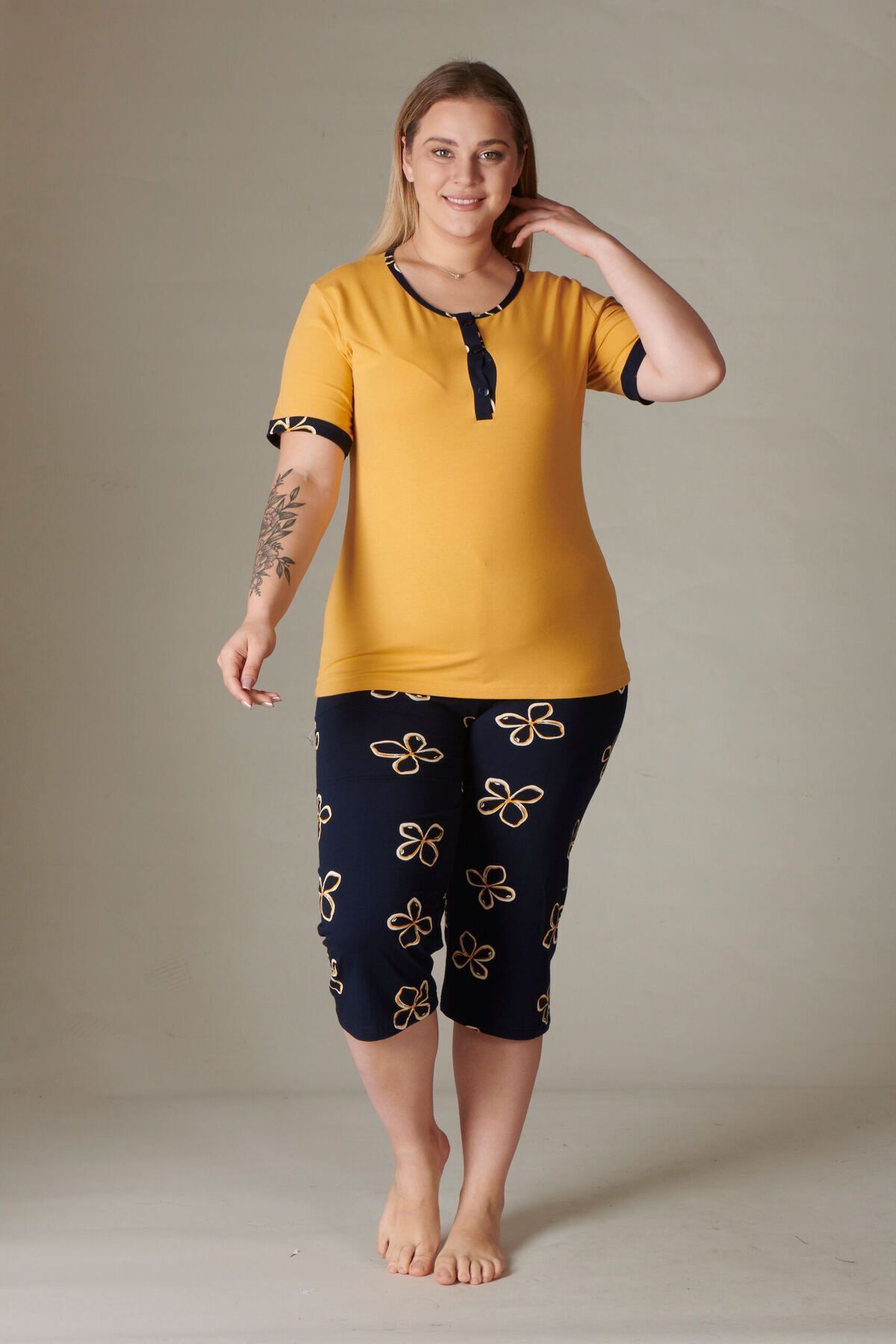 Rubina Secret (Curved ) Yazlık Pijama Takımı -Yaka Detaylı - Kapri Pijama Takım ~ 2-7XL (Ort: 80 ...