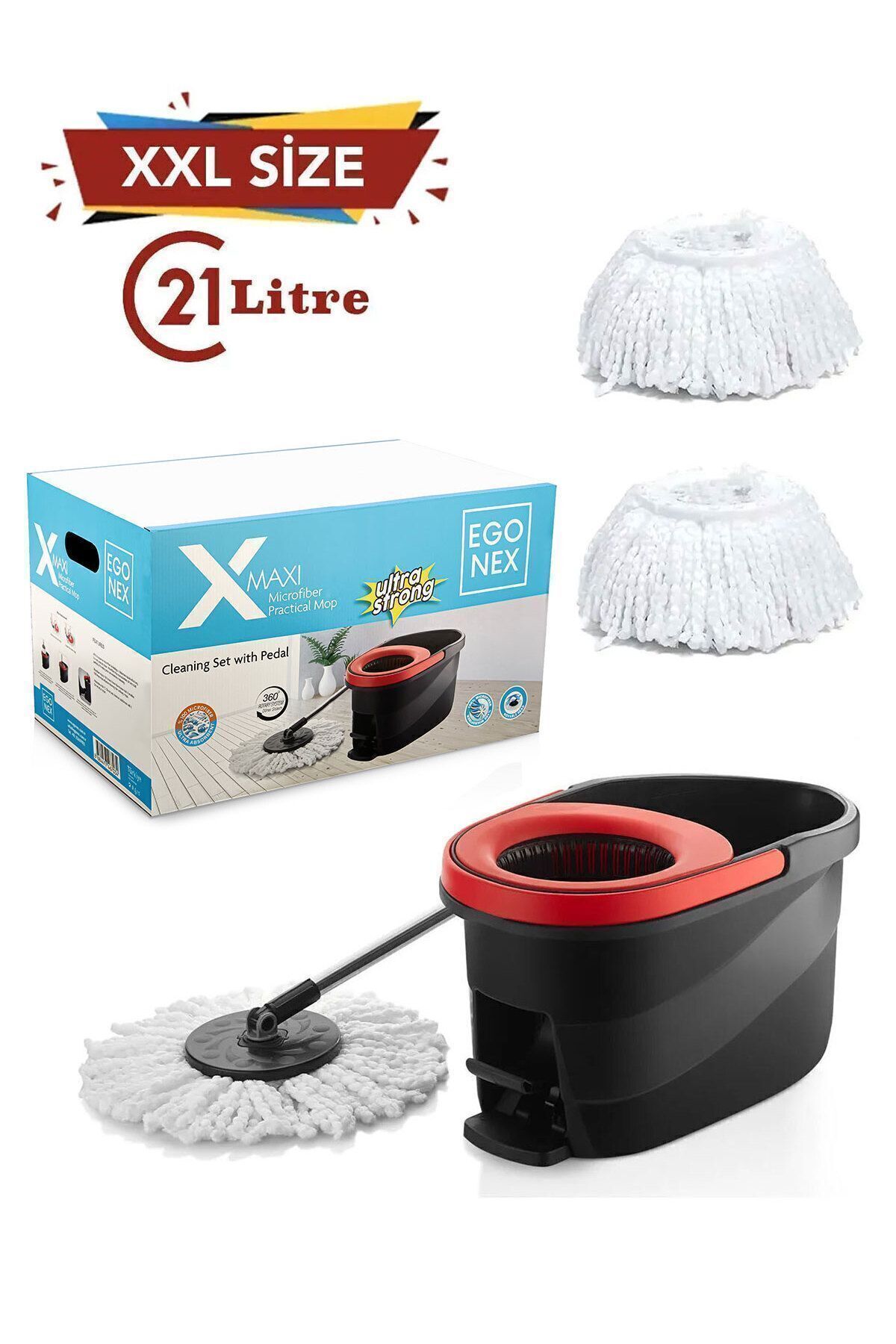 Egonex X-maxi 21 Litre Pedallı Mop Temizlik Seti 2 Mop Hediyeli Döner ...