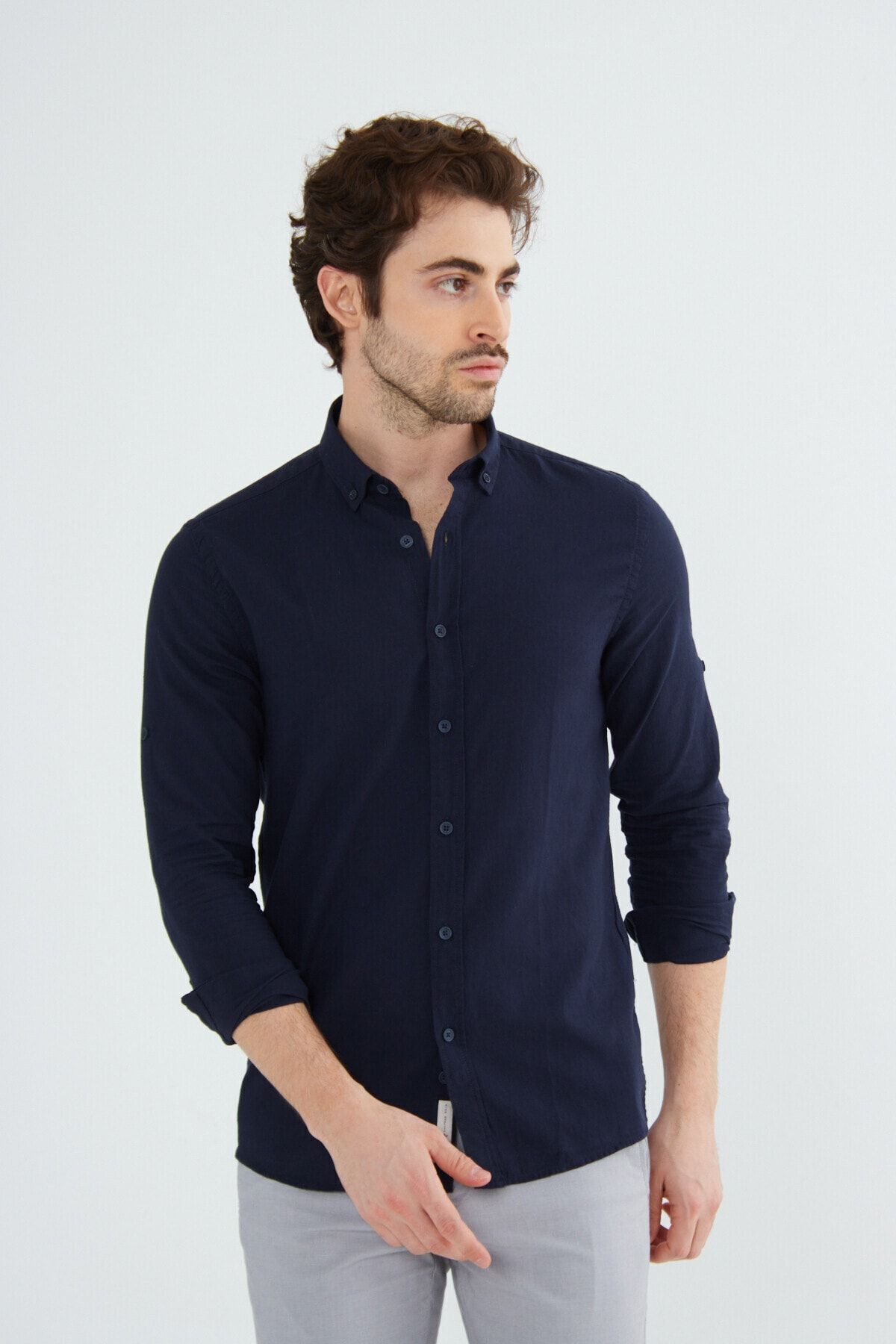 RAVANELLI Navy Blue Modern Slim Fit Linen Look Flam Long Sleeve Men's ...