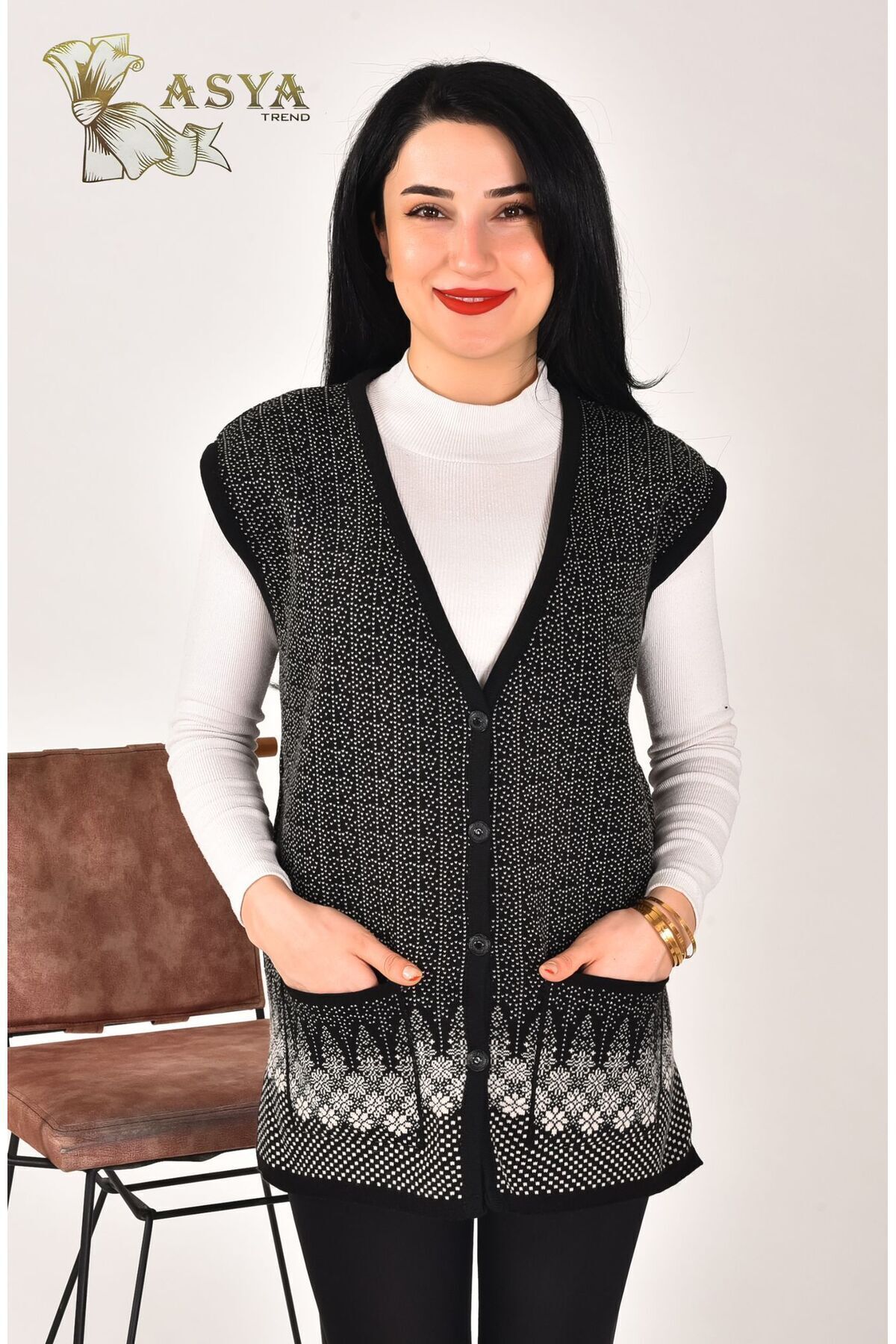 FLEX FASHION Asya Trend Kadın Triko Siyah Etnik Desenli Cepli Kilim ...