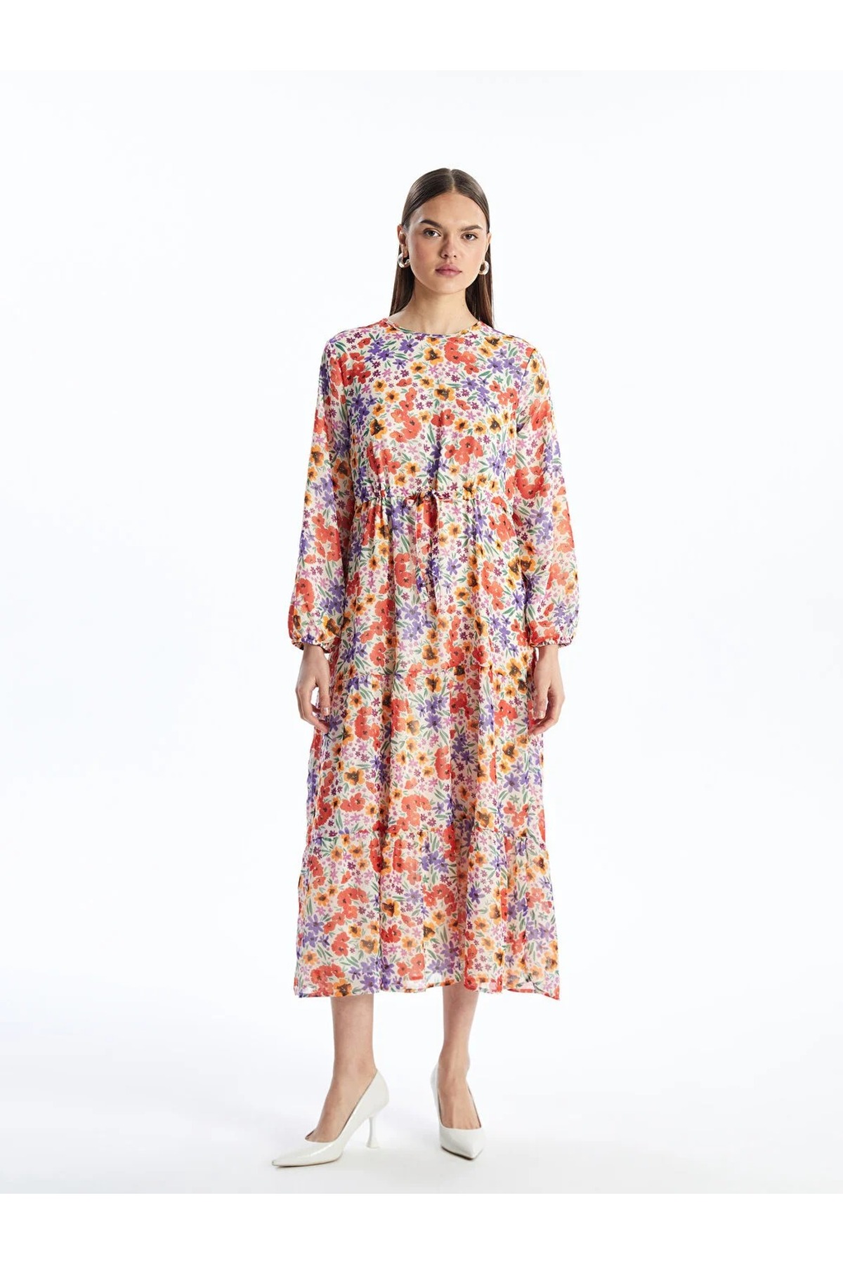 LC Waikiki LCW Modest Bisiklet Yaka Çiçekli Uzun Kollu Kadın Elbise ...