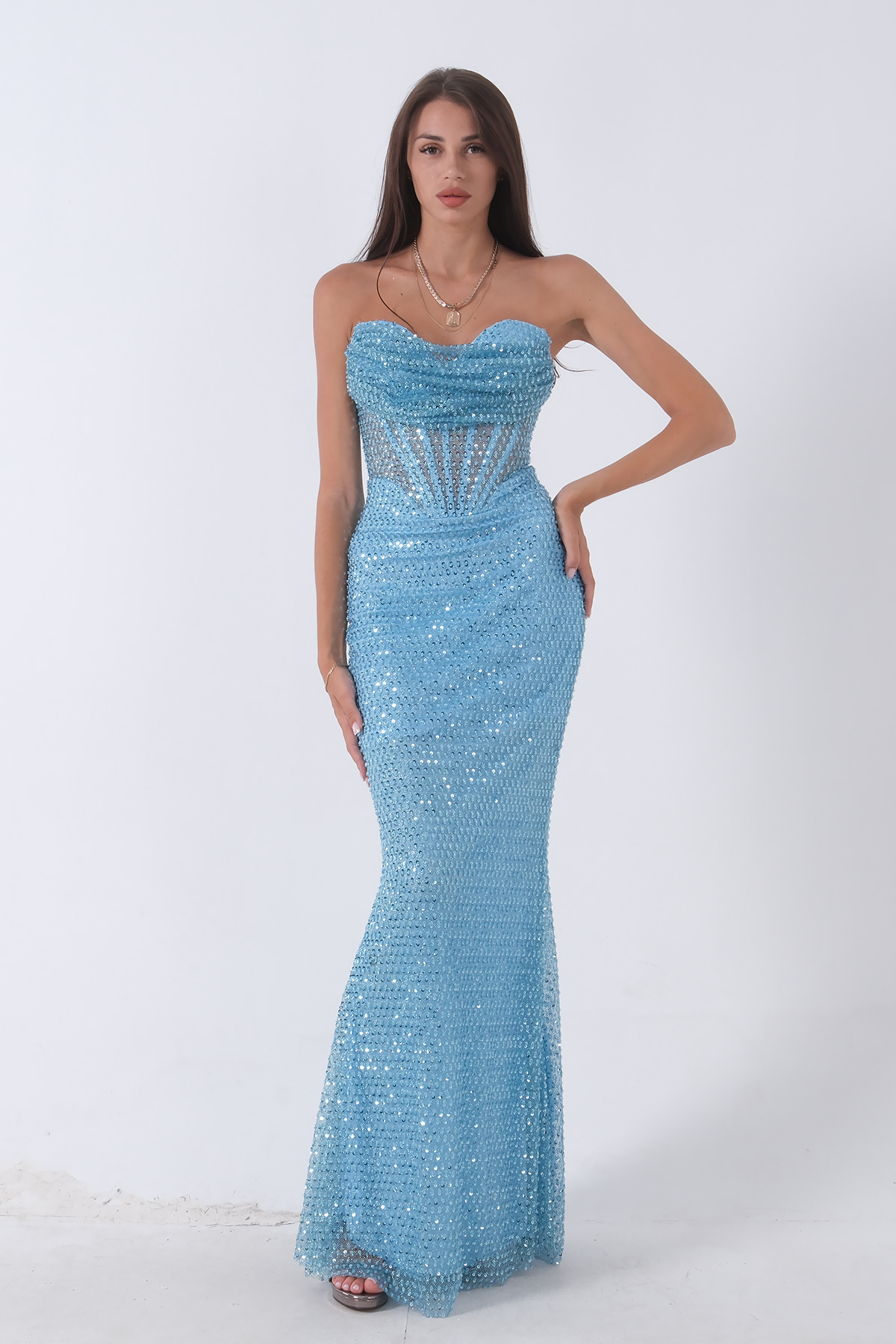 Feminist Blue Strapless Sequin Stone Embroidered Fishnet Evening Dress ...