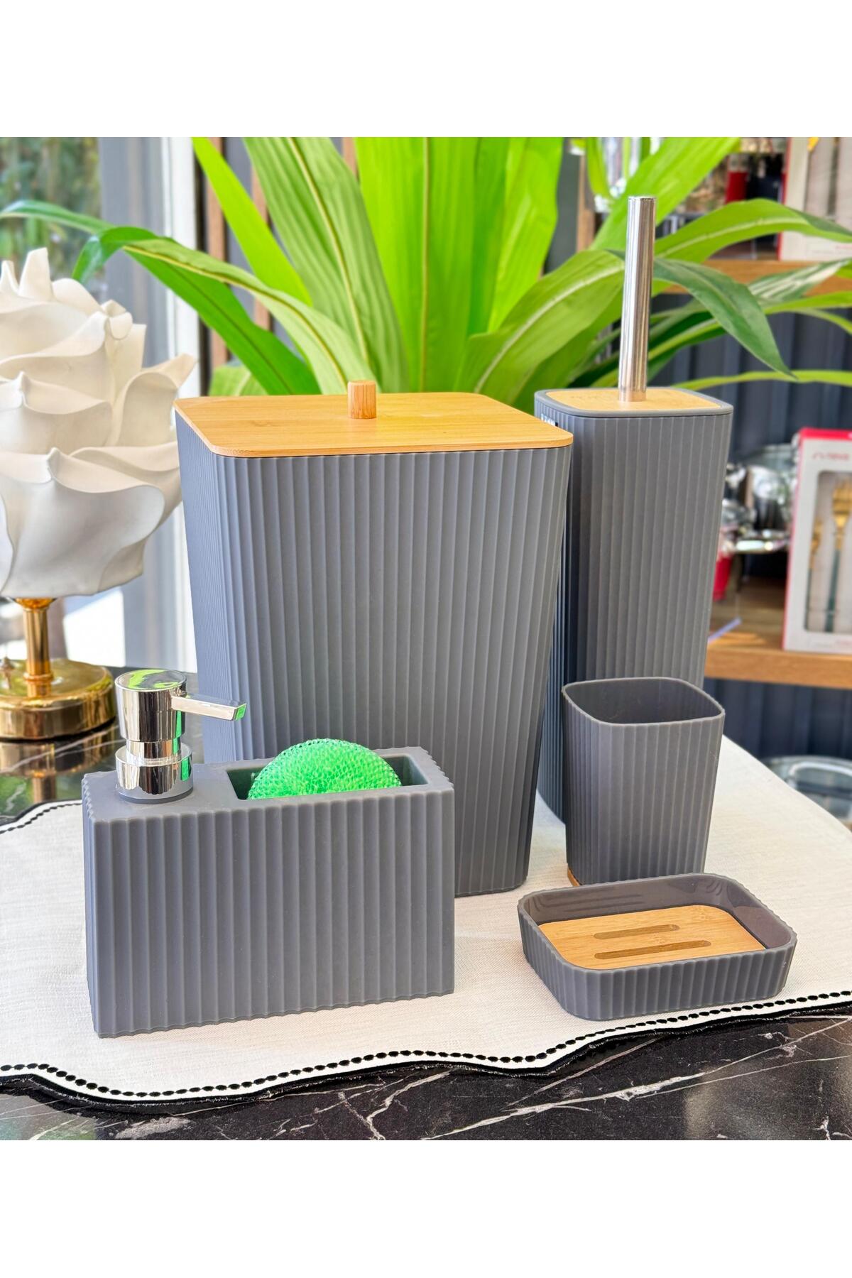 Onedekor 5 Parça Lenox Akrilik Bambu Banyo Seti Gri - Fiyatı, Yorumları