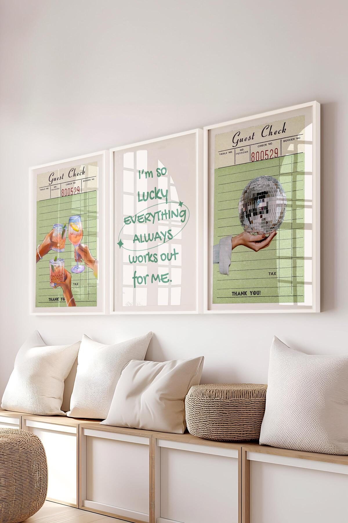 postifull Yeşil Modern Tablo Seti, 3 Adet Beyaz Çerçeve ve Poster ...