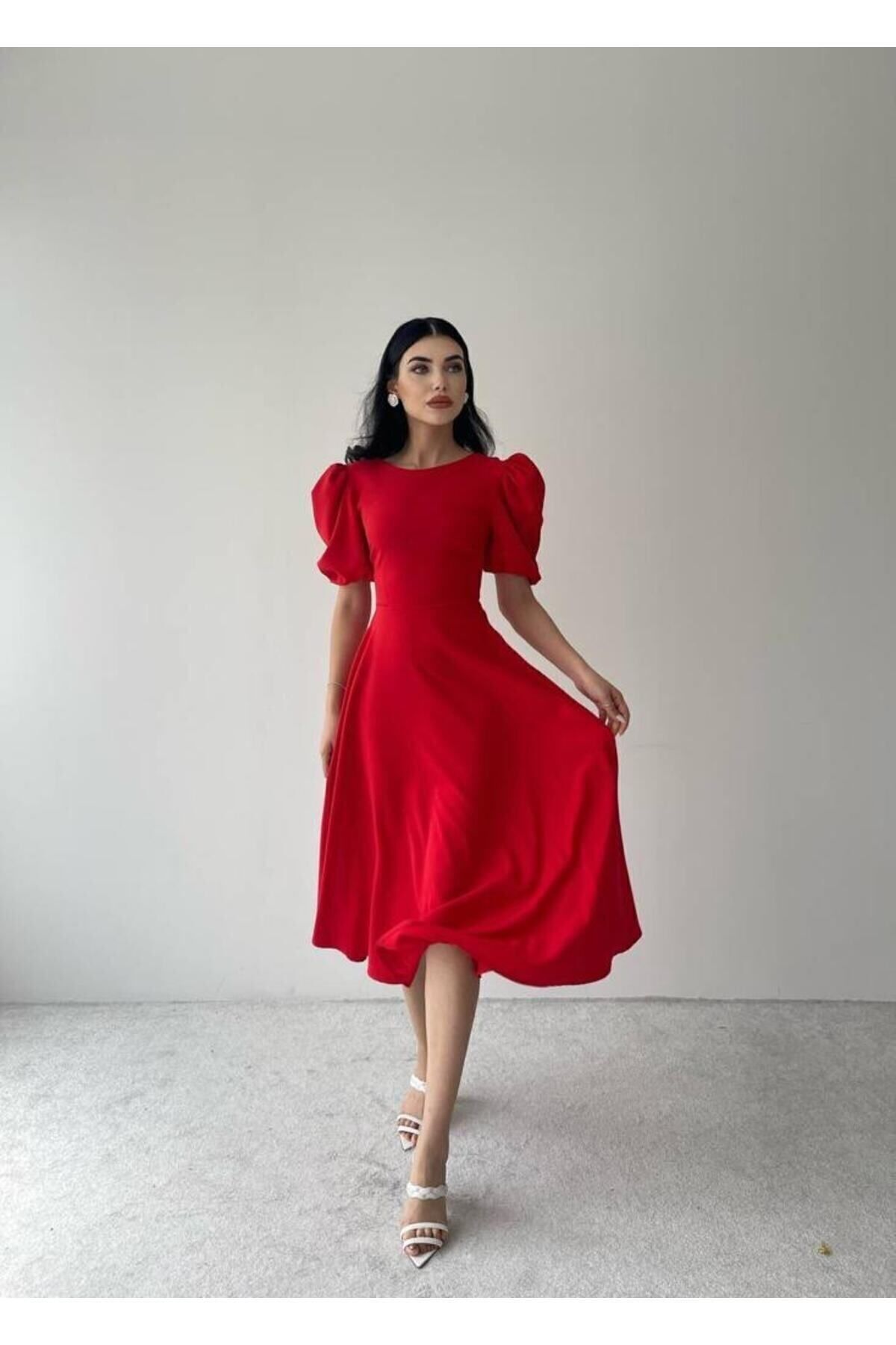 MRY BUTİK - Red Watermelon Sleeve Midi Dress - Trendyol