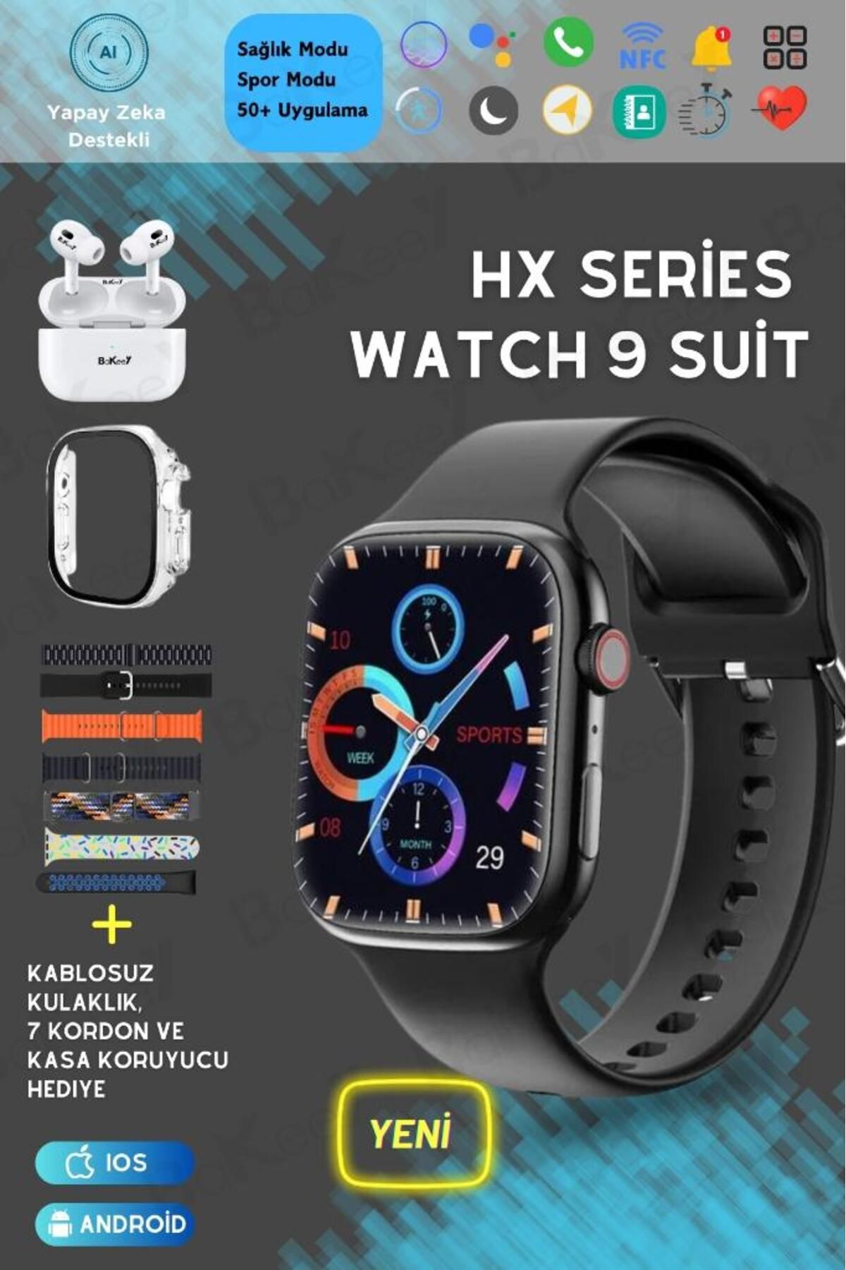 Bakeey Hx Watch 9 Suit 7 Kordonlu Full Set Kadın Erkek Akıllı Saat ...